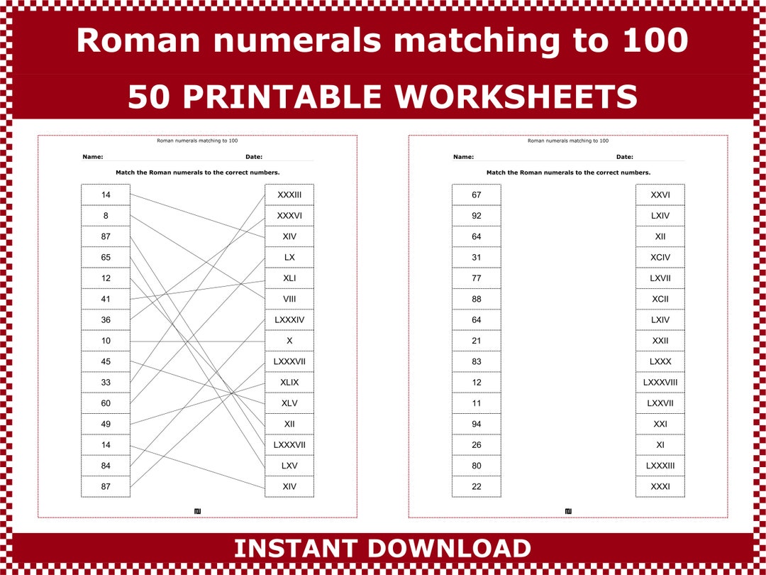 Roman Numerals Matching to 100. Match the Numbers 1 to 100. - Etsy