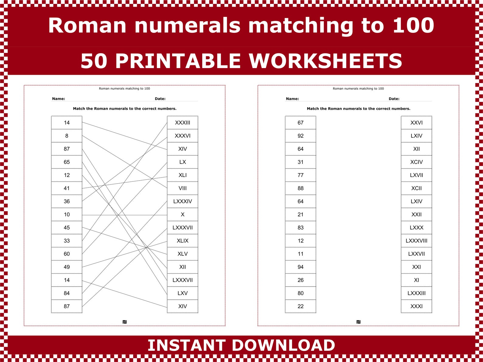 Roman Numerals Matching to 100. Match the Numbers 1 to 100. - Etsy