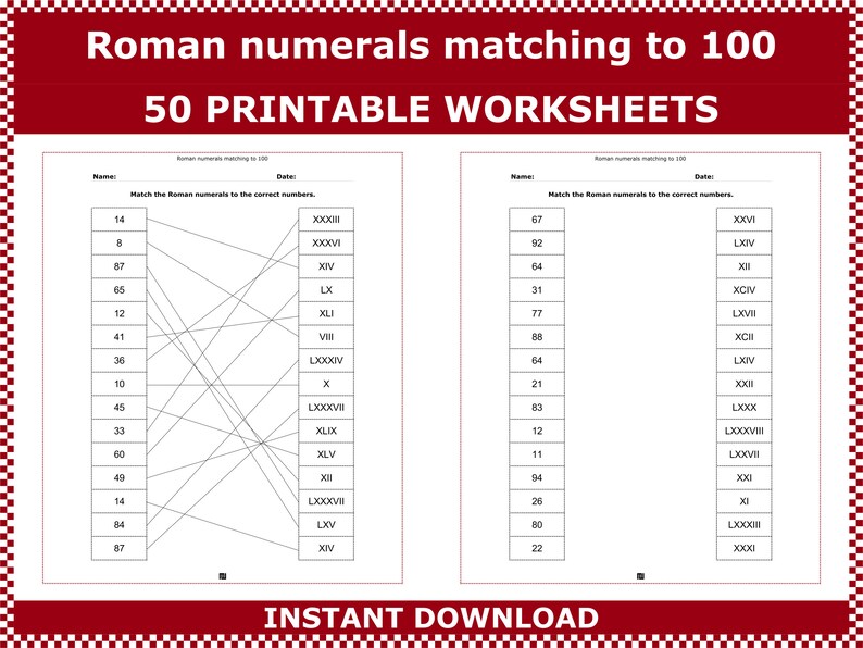 Roman Numerals Matching to 100. Match the Numbers 1 to 100. - Etsy