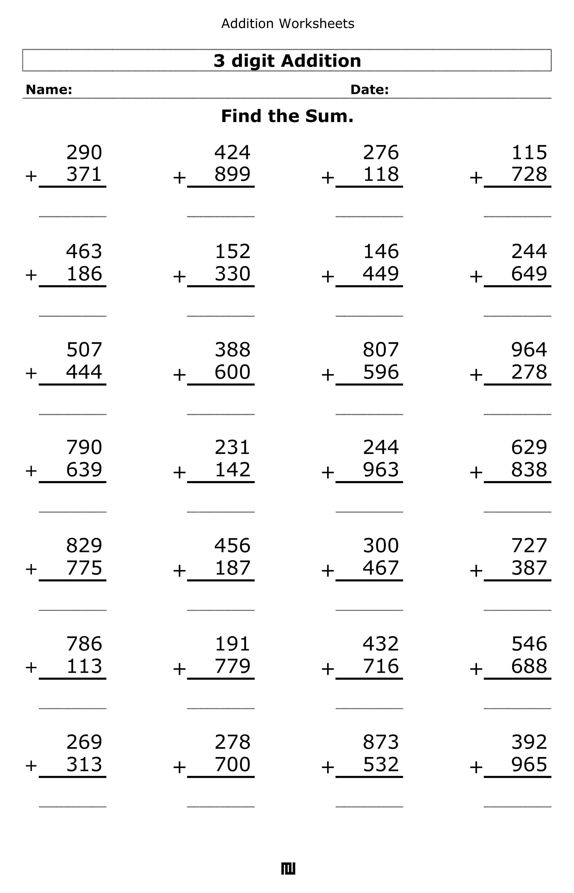 3 Digit Addition Worksheets. 2nd Grade 3rd Grade Math Worksheets. 3 ...