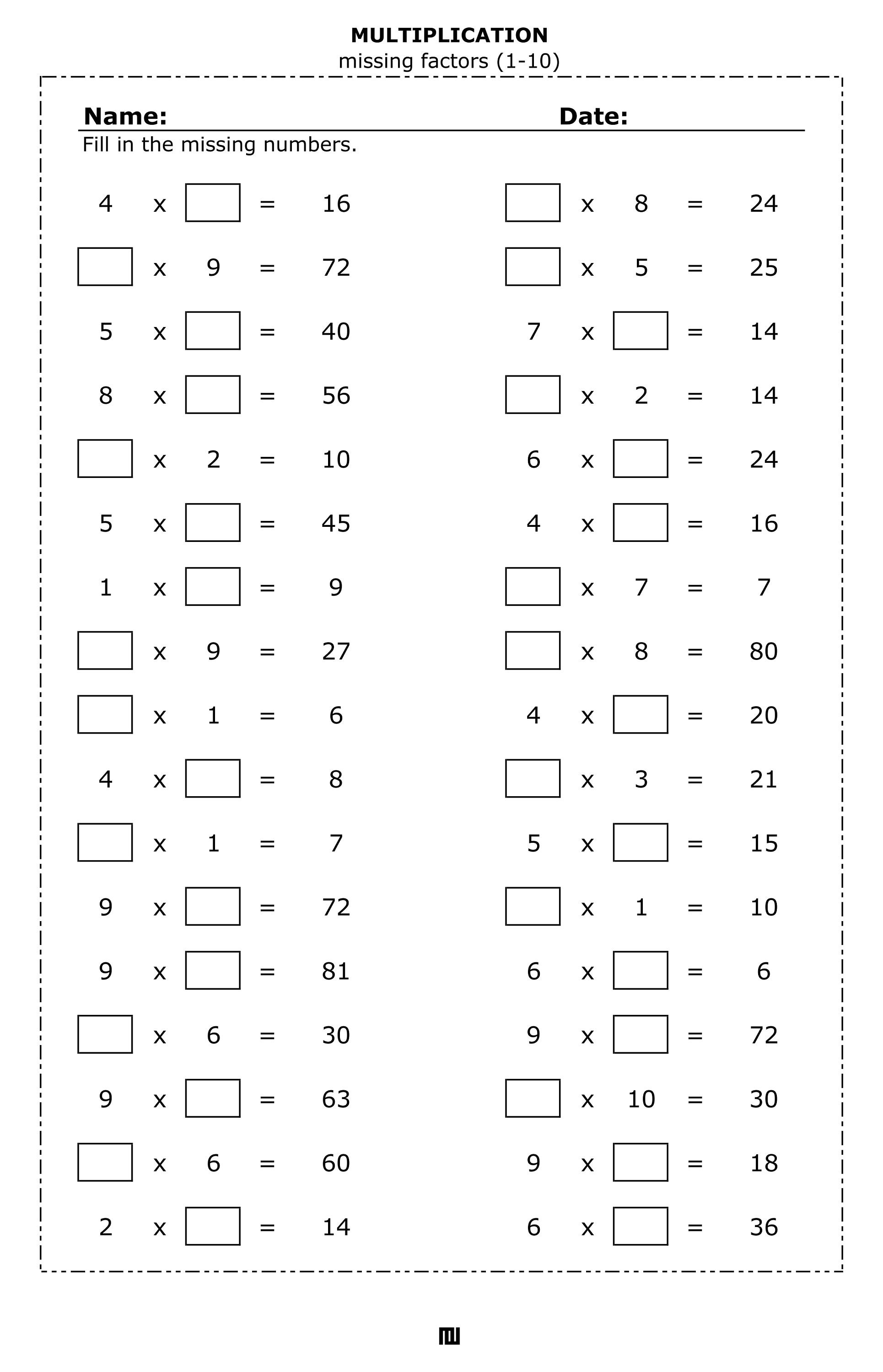 Multiplication Missing Factors 1 to 10. Multiplication 1 Digit Missing ...