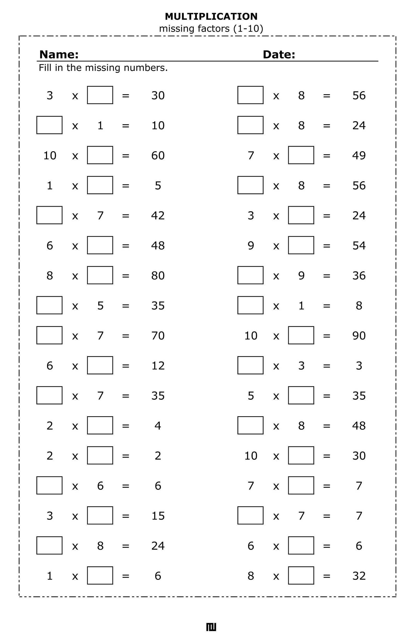 Multiplication Missing Factors 1 to 10. Multiplication 1 Digit Missing ...
