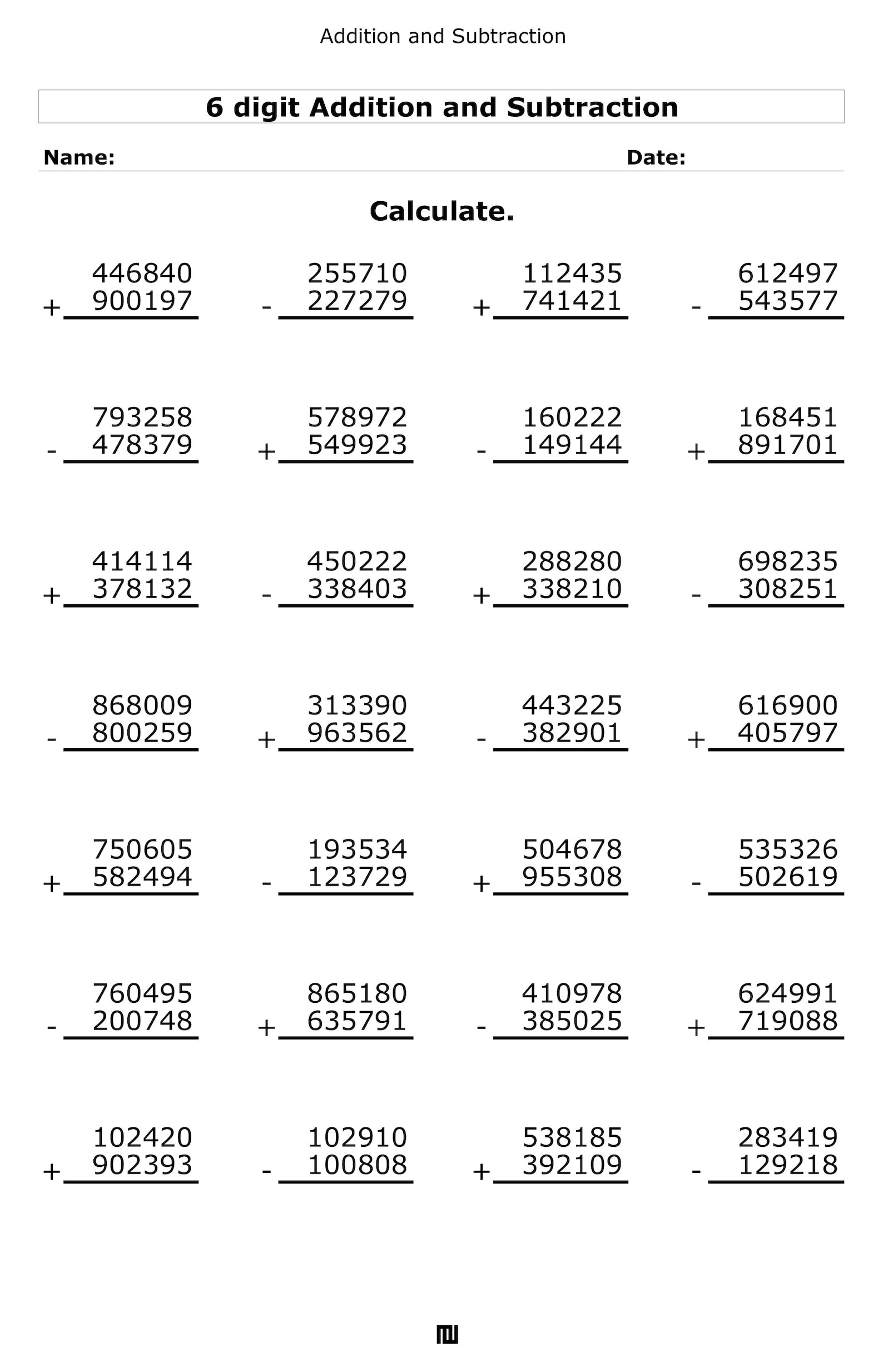 Mixed 6 Digit Addition and 6 Digit Subtraction Math Worksheets ...