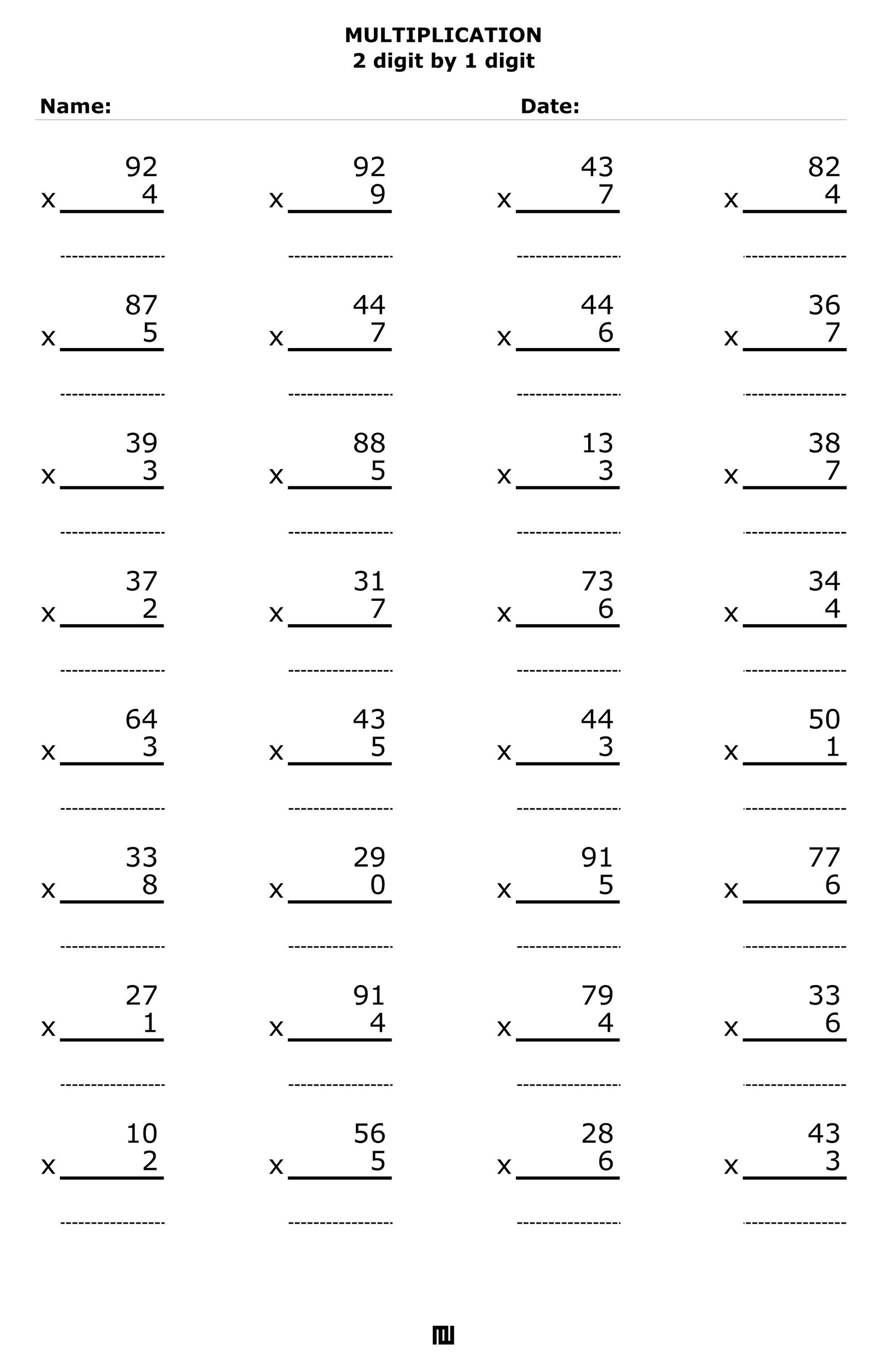 2-digit by 1-digit Multiplication Worksheets: 100 Pages (PDF Download ...
