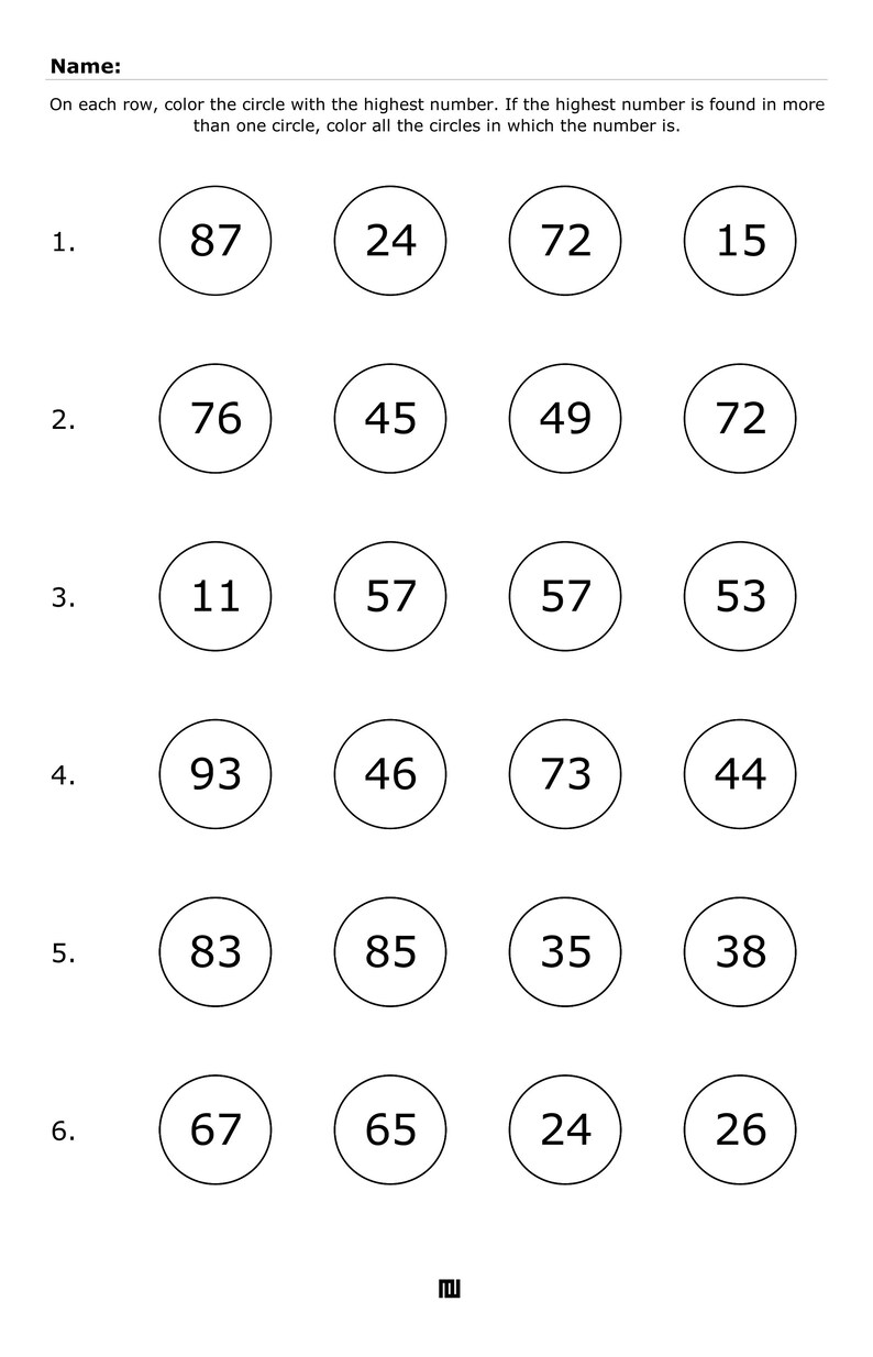 Identify the Biggest Number Worksheets. Color the Circle That Has the ...
