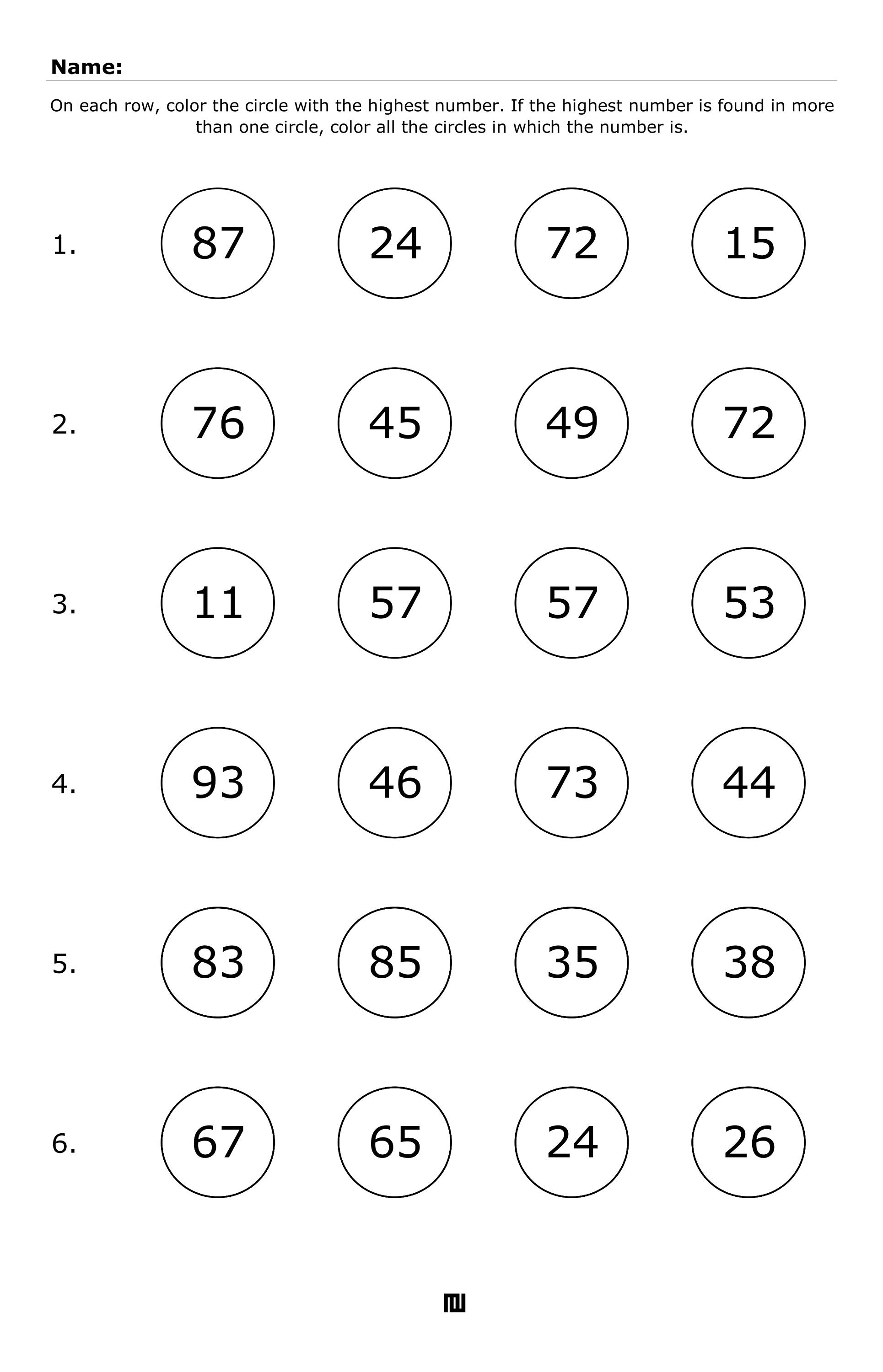 Identify the Biggest Number Worksheets. Color the Circle That Has the ...
