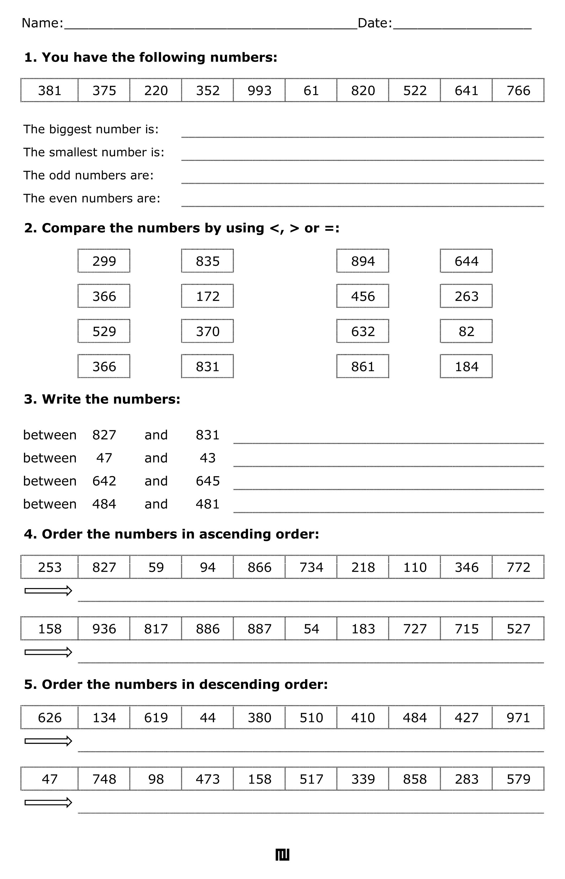 Second Grade Math Worksheets With Numbers up to 1000. Ordering Numbers ...