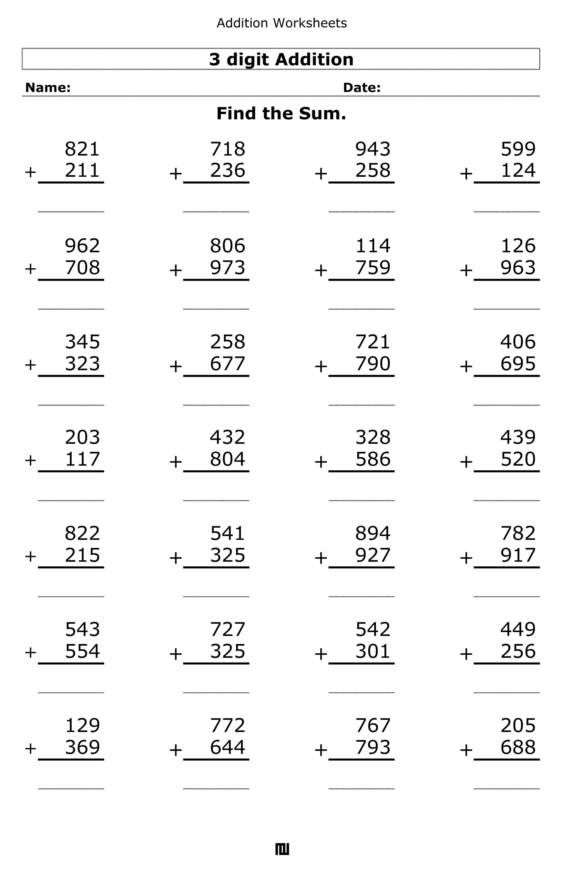 3 Digit Addition Worksheets 2nd Grade 3rd Grade Math Worksheets 3