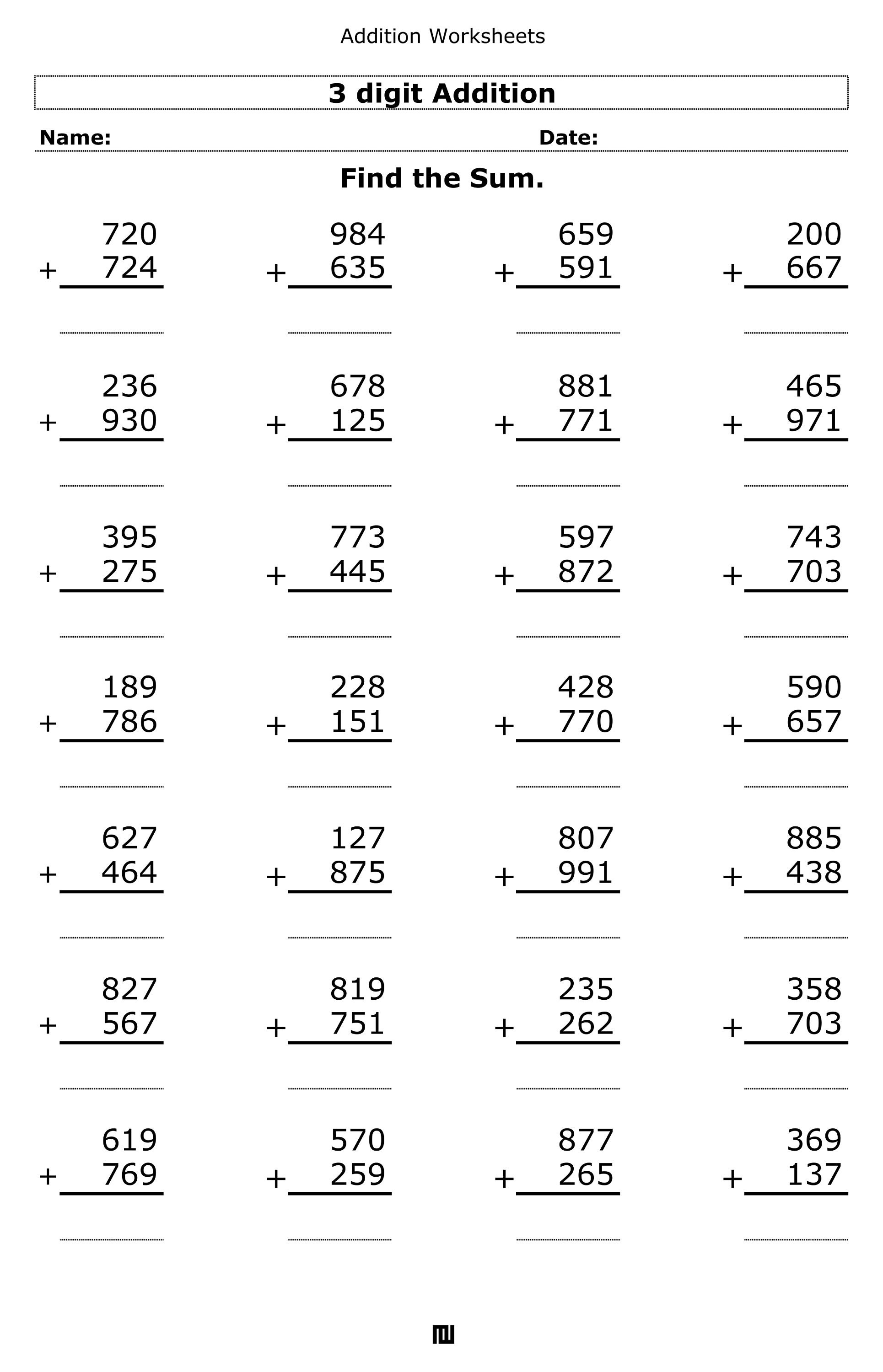 3 Digit Addition Worksheets. 2nd Grade 3rd Grade Math Worksheets. 3 ...