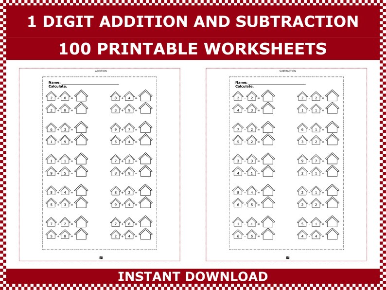 Addition and Subtraction Worksheets. 1 Digit Addition. Adding - Etsy