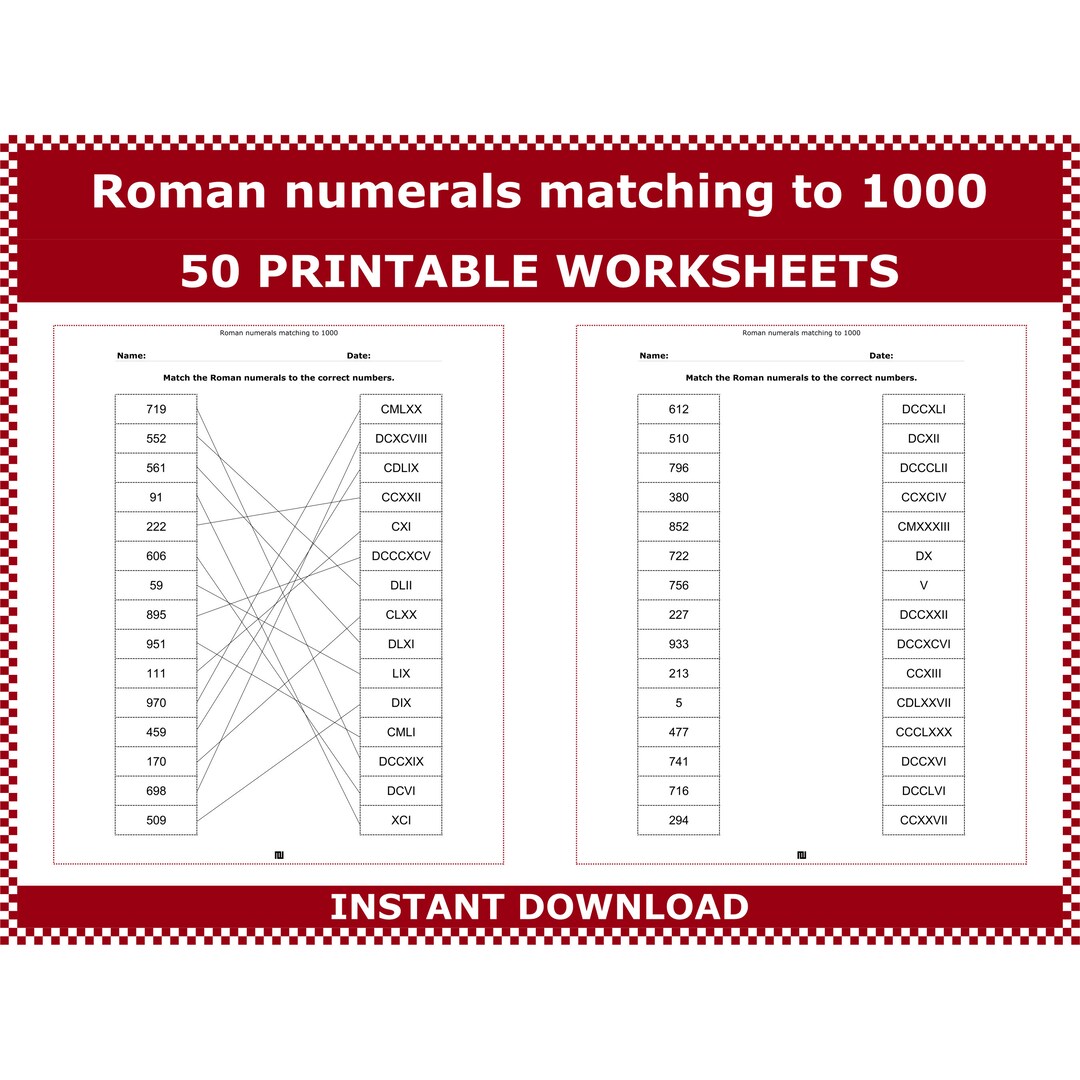 Roman Numerals Matching to 1000. Match the Numbers 1 to 1000. Roman ...