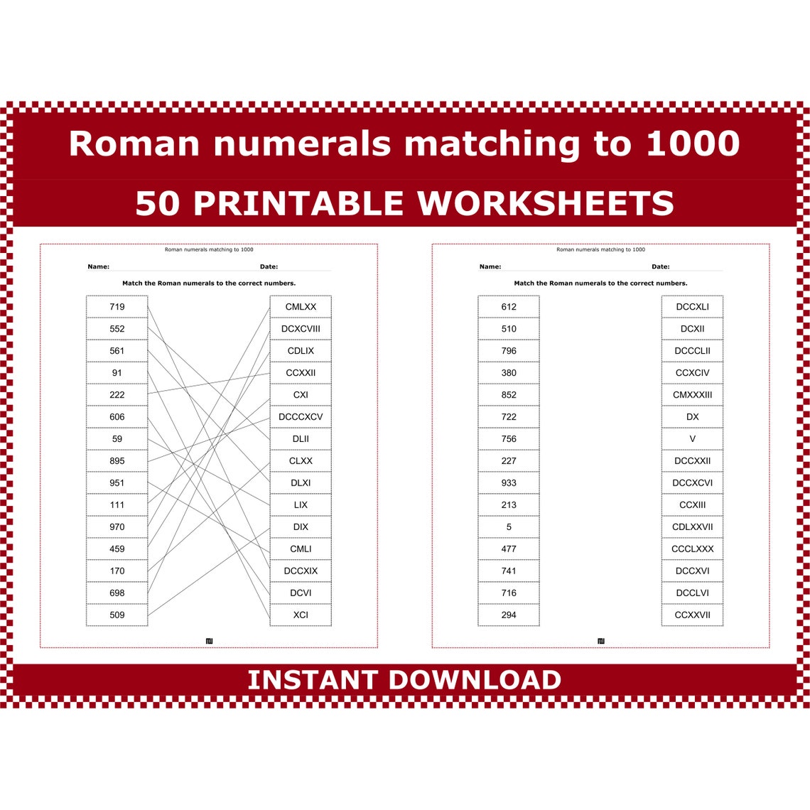 Roman Numerals Matching to 1000. Match the Numbers 1 to 1000. Roman ...