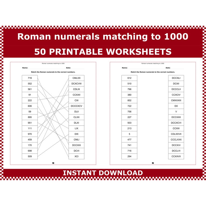 Roman Numerals Matching to 1000. Match the Numbers 1 to 1000. Roman ...