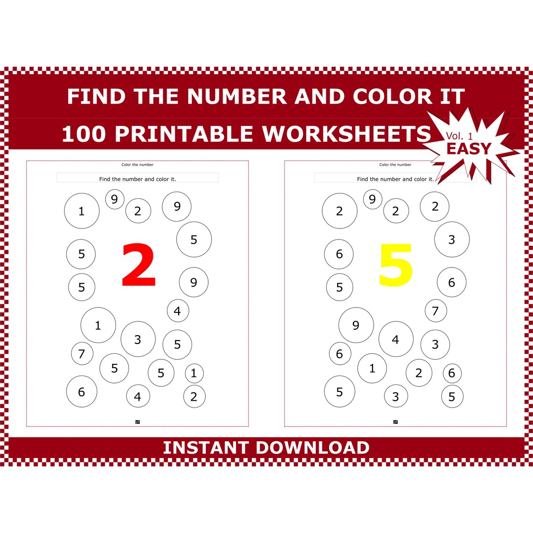 Number Recognition Worksheets: Find and Color, Easy Level (PDF) - Etsy