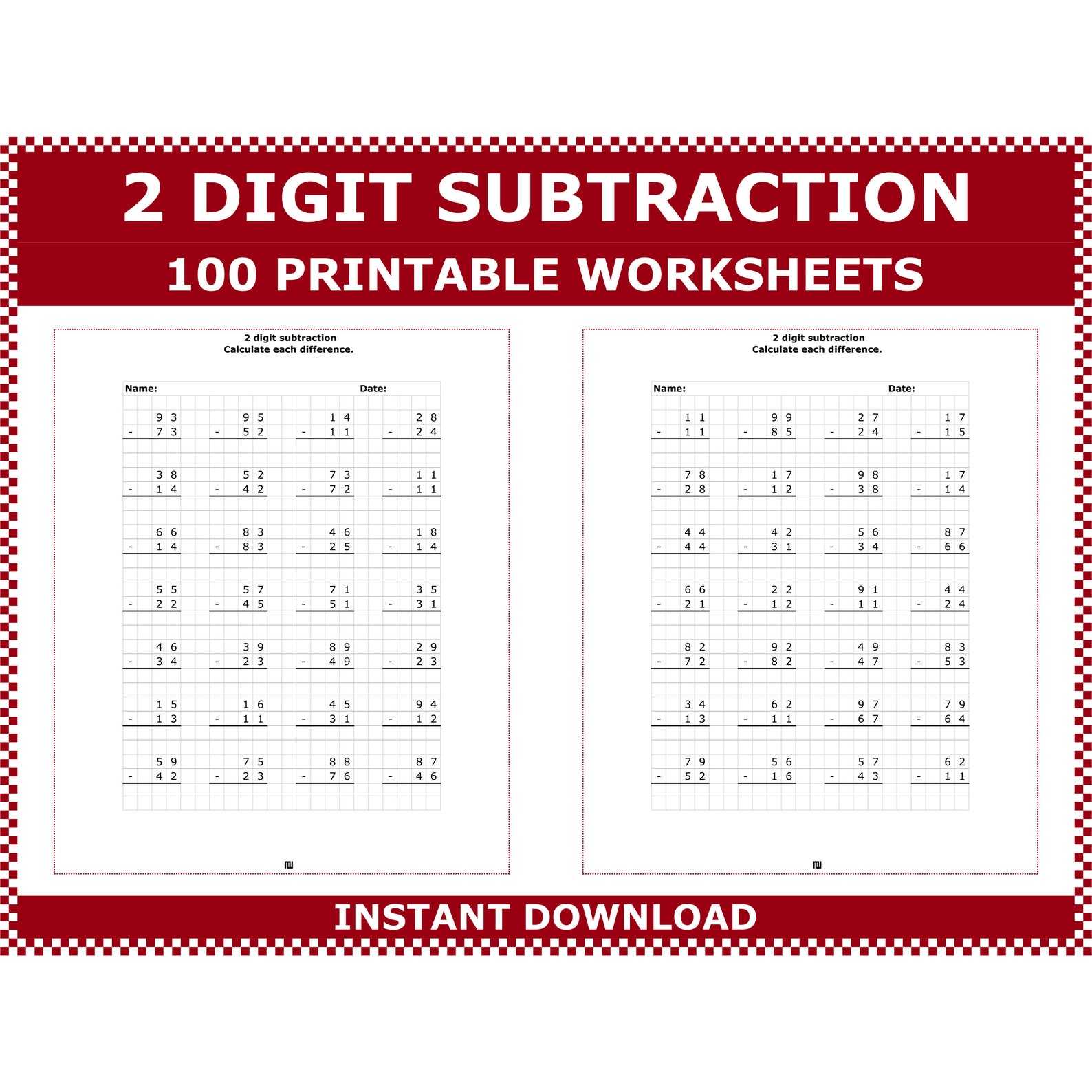 Double Digit Subtraction Worksheets for Kids. Subtracting 2 Digit ...