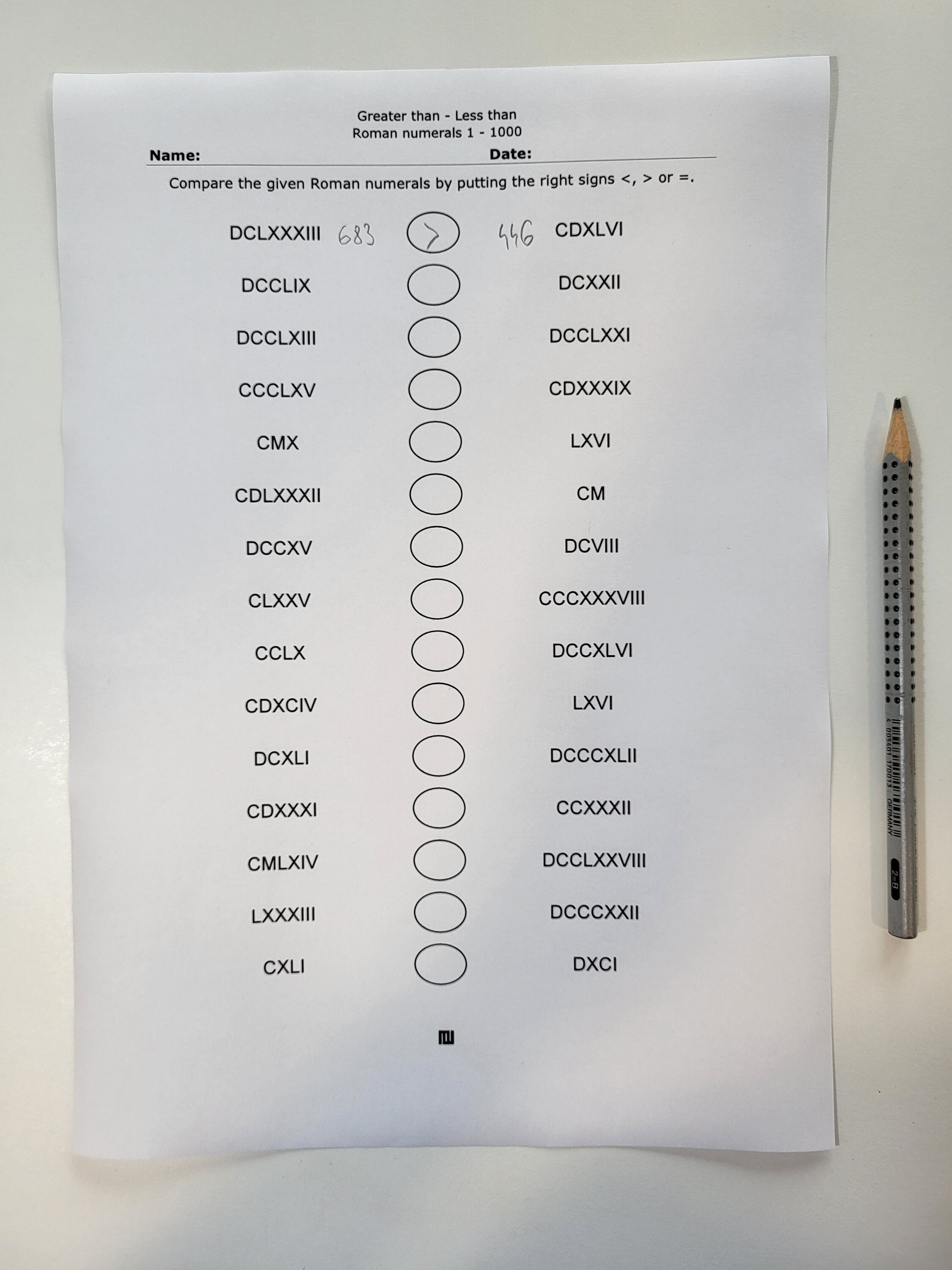 Worksheets on Comparison of Roman Numerals Range 1 - 1000. Compare the ...