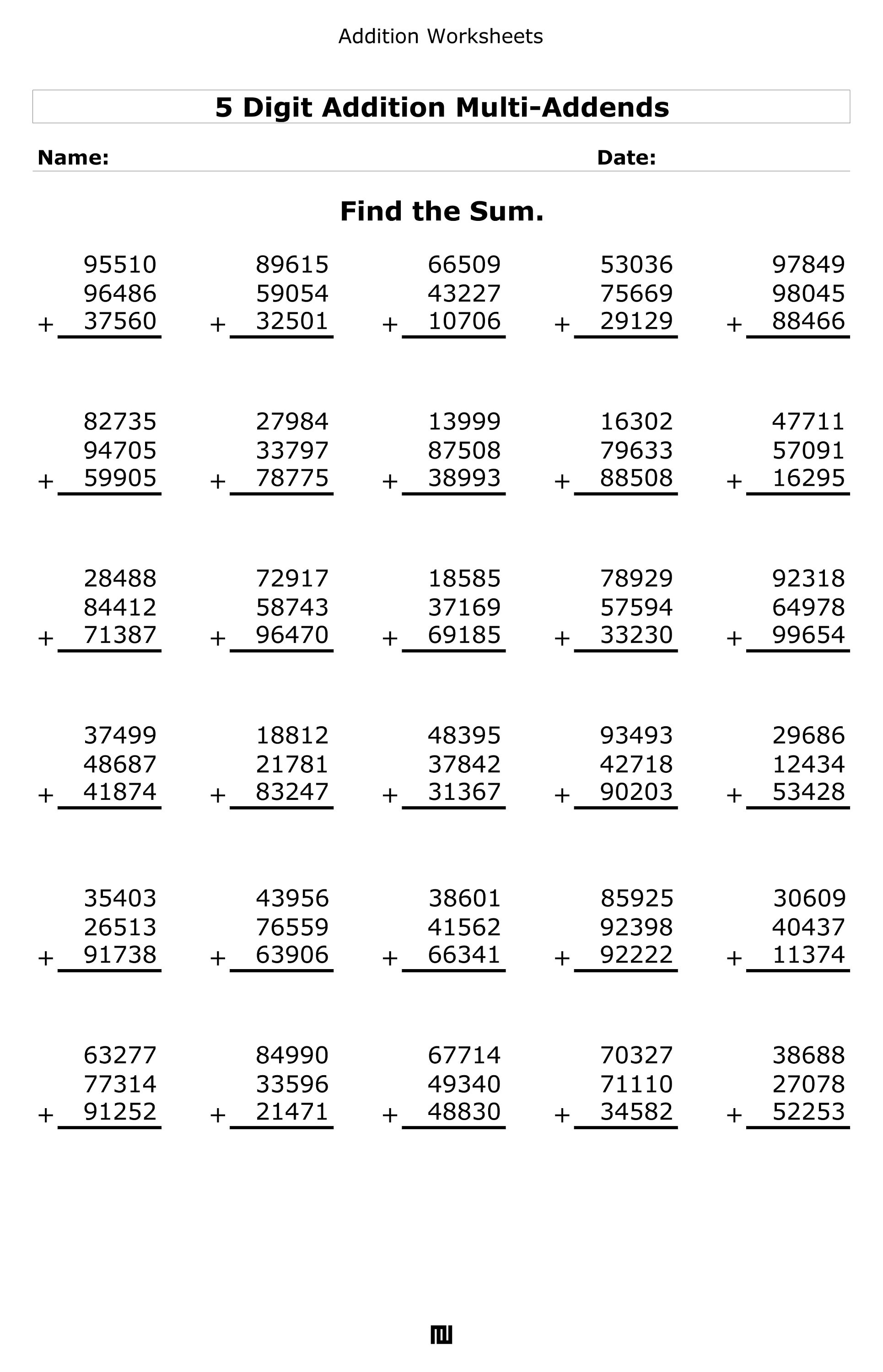 5 Digit Addition Multi-addends Worksheets. Multi-addends 5 Digit ...