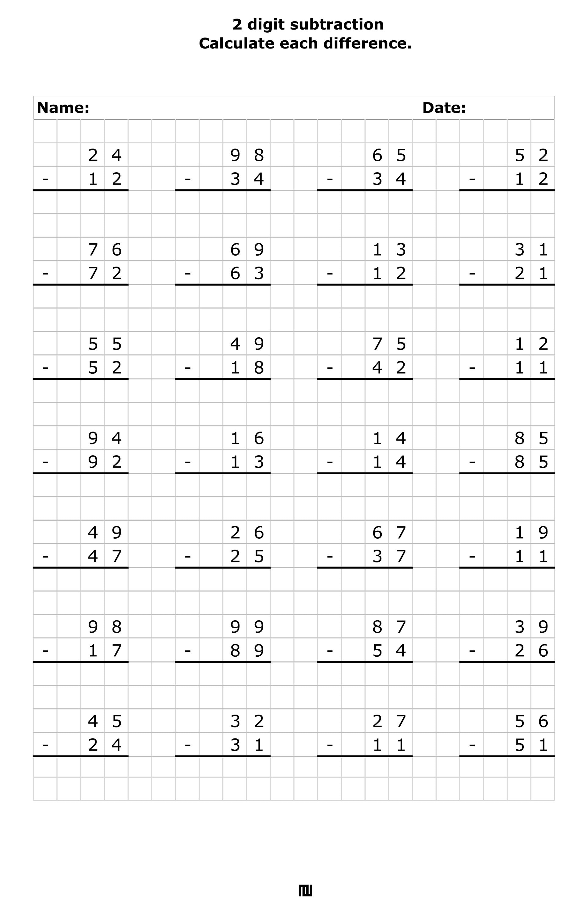 Double Digit Subtraction Worksheets for Kids. Subtracting 2 Digit ...