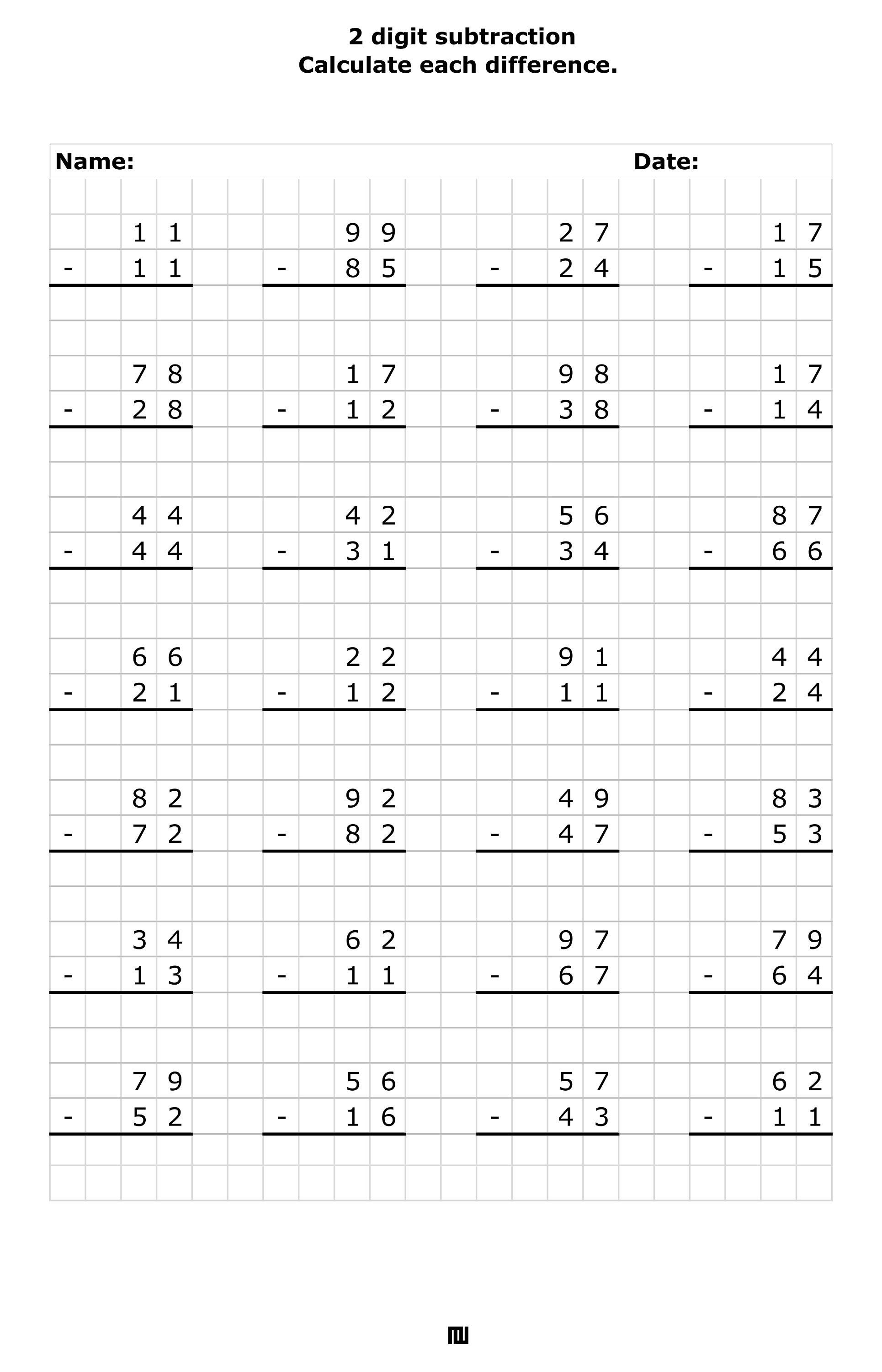 Double Digit Subtraction Worksheets for Kids. Subtracting 2 Digit ...