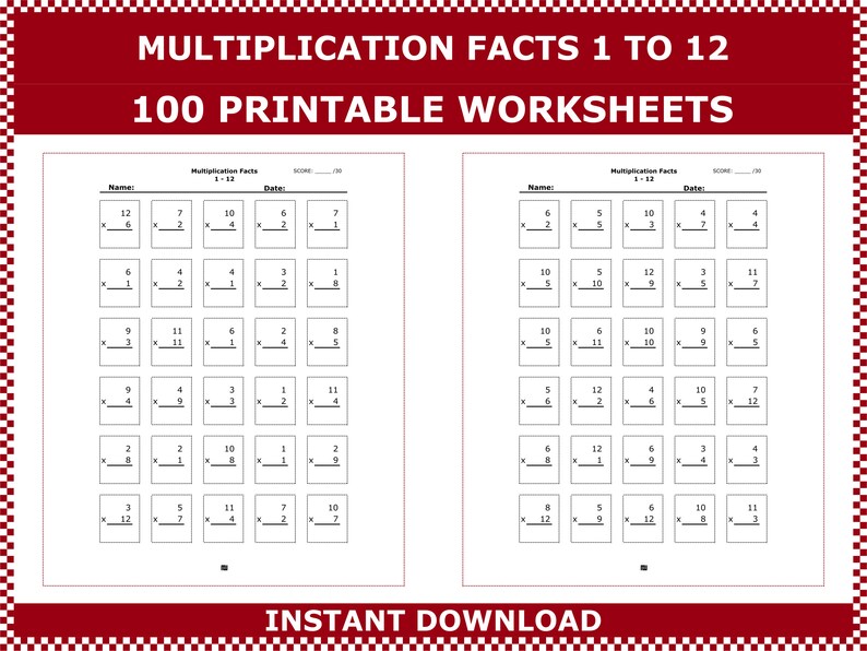 Multiplication Facts 1 to 12. Timed Tests Scored Tests. - Etsy
