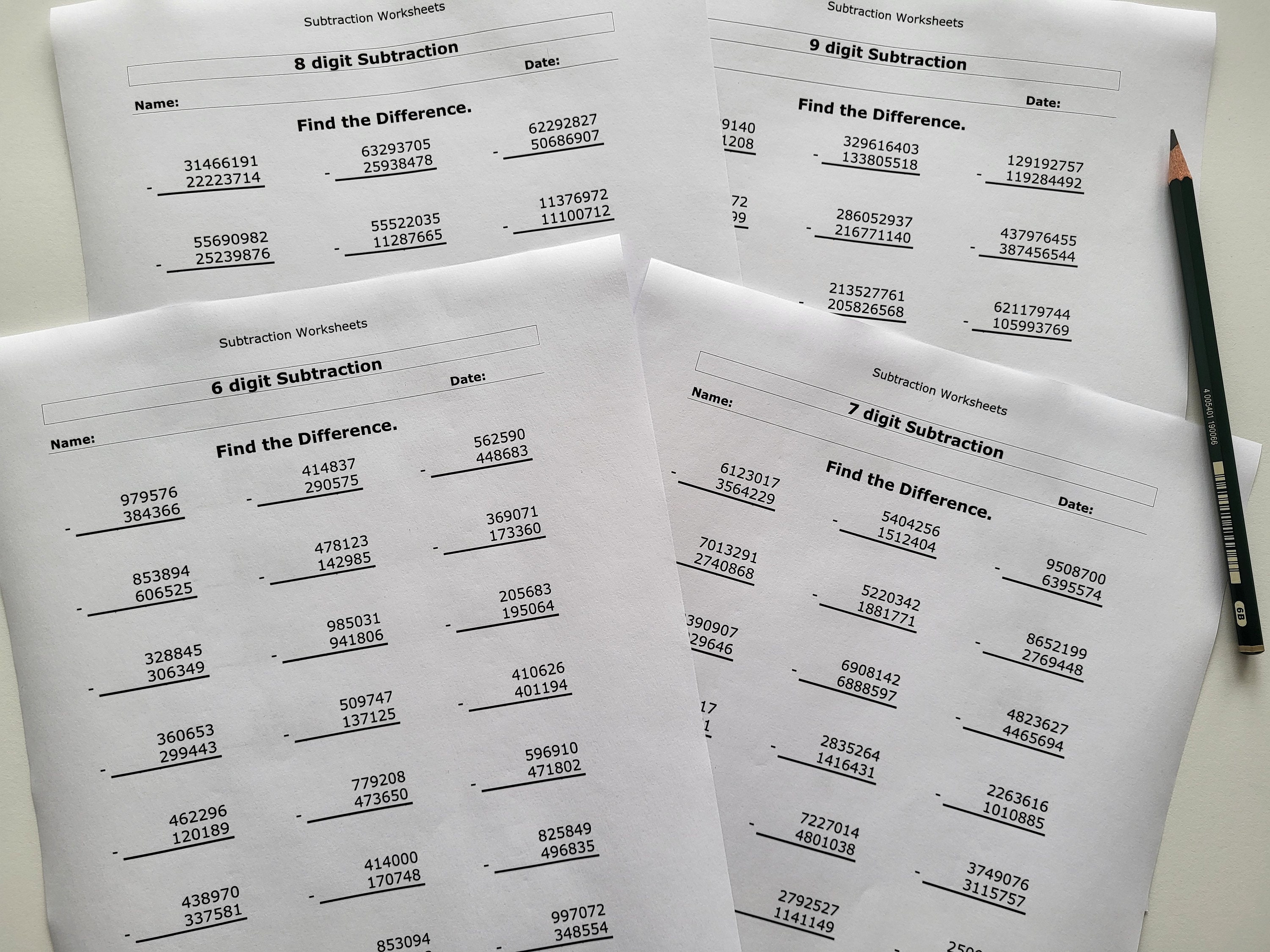 Multi Digit Subtraction Worksheets. Subtraction With 6, 7, 8 and 9 ...