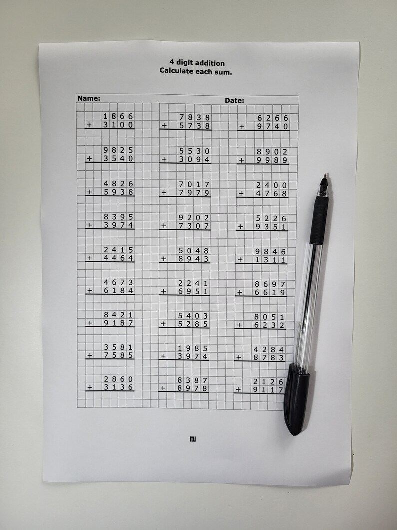 4-digit Addition Worksheets: 3rd-4th Grade Math (PDF Download) - Etsy