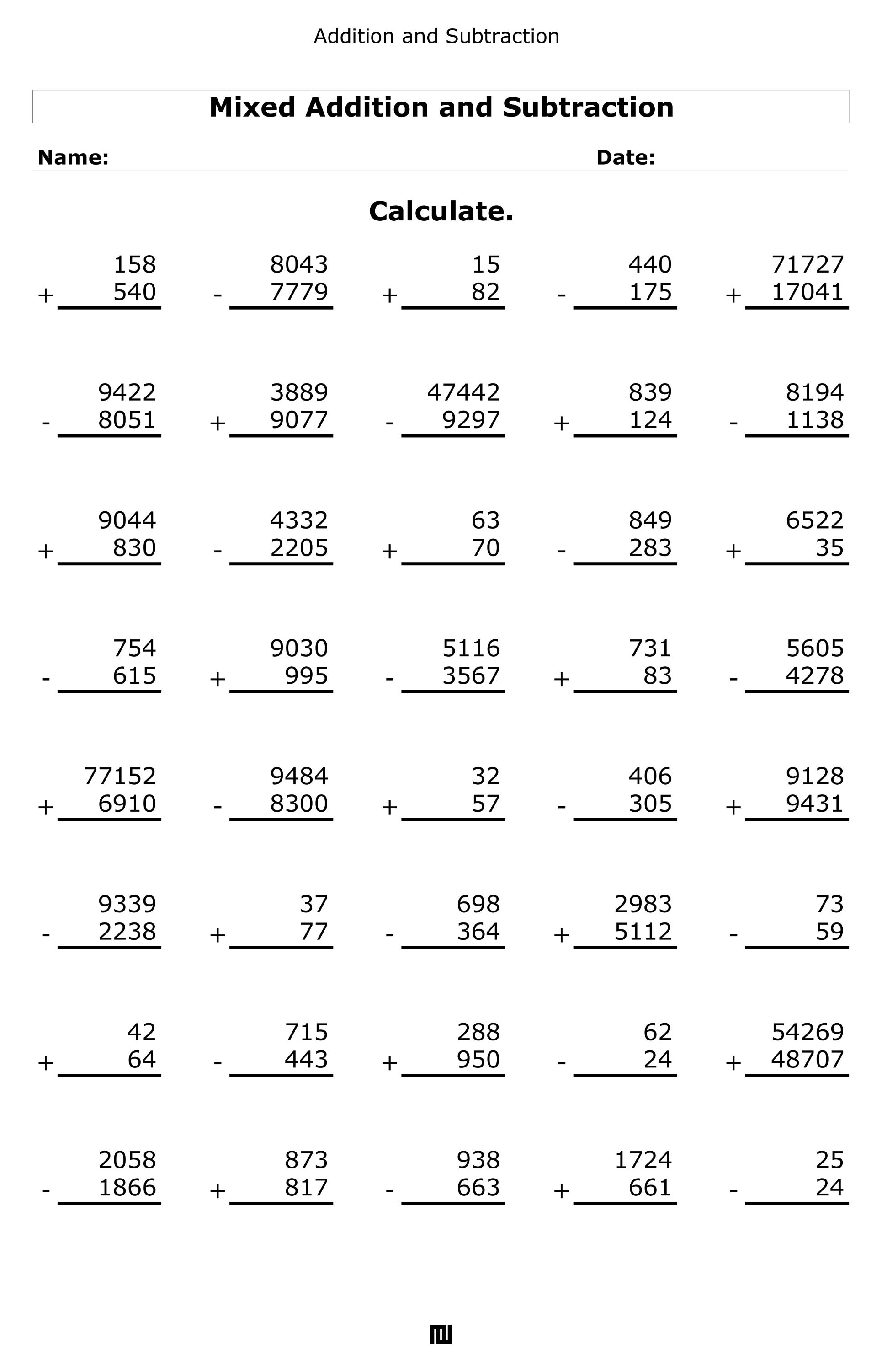 Addition and Subtraction 2, 3, 4 and 5 Digit Regrouping Practice Pages ...