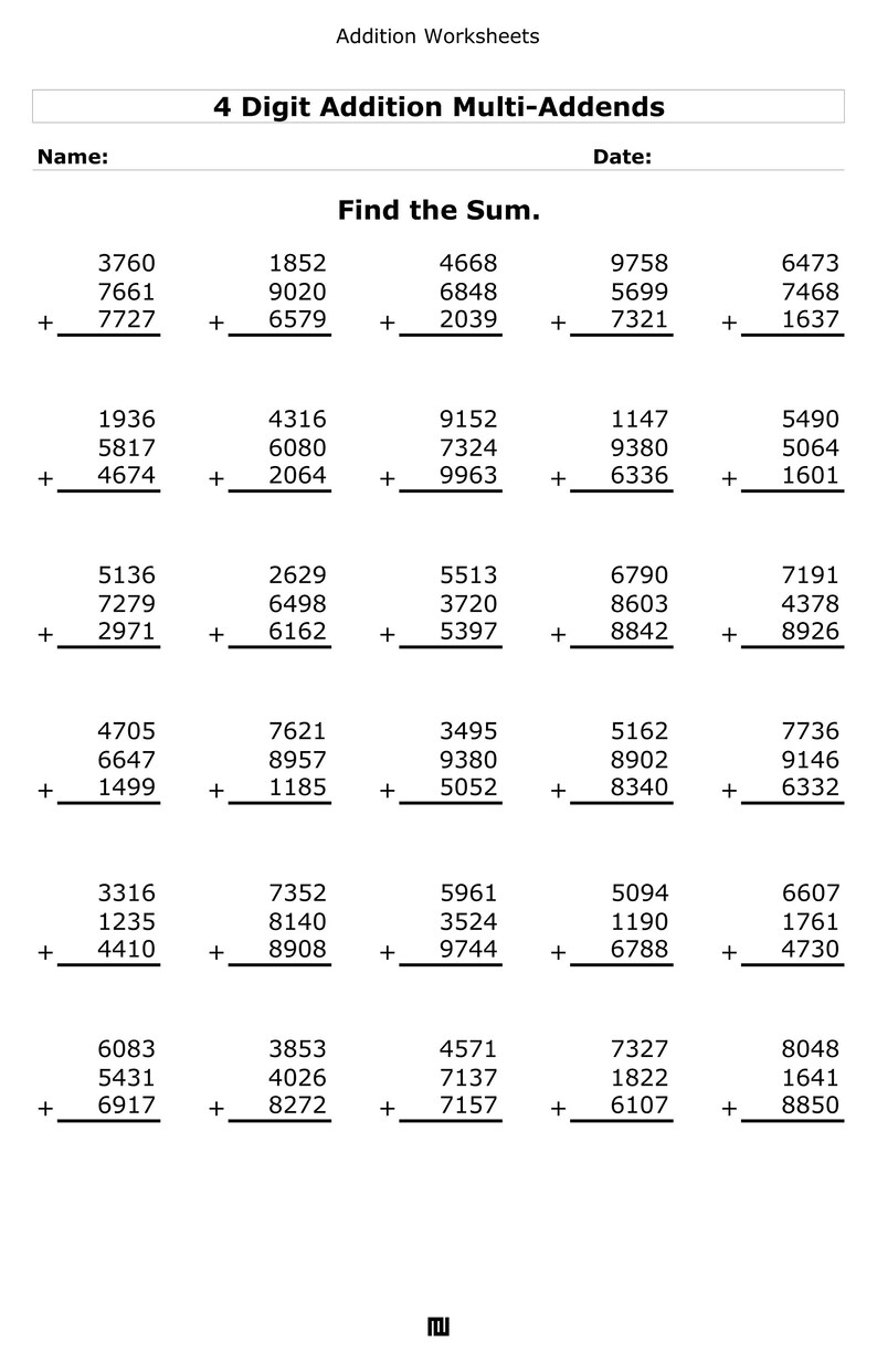 4 Digit Addition Multi-addends. Multi-addends 4 Digit Numbers. Adding ...