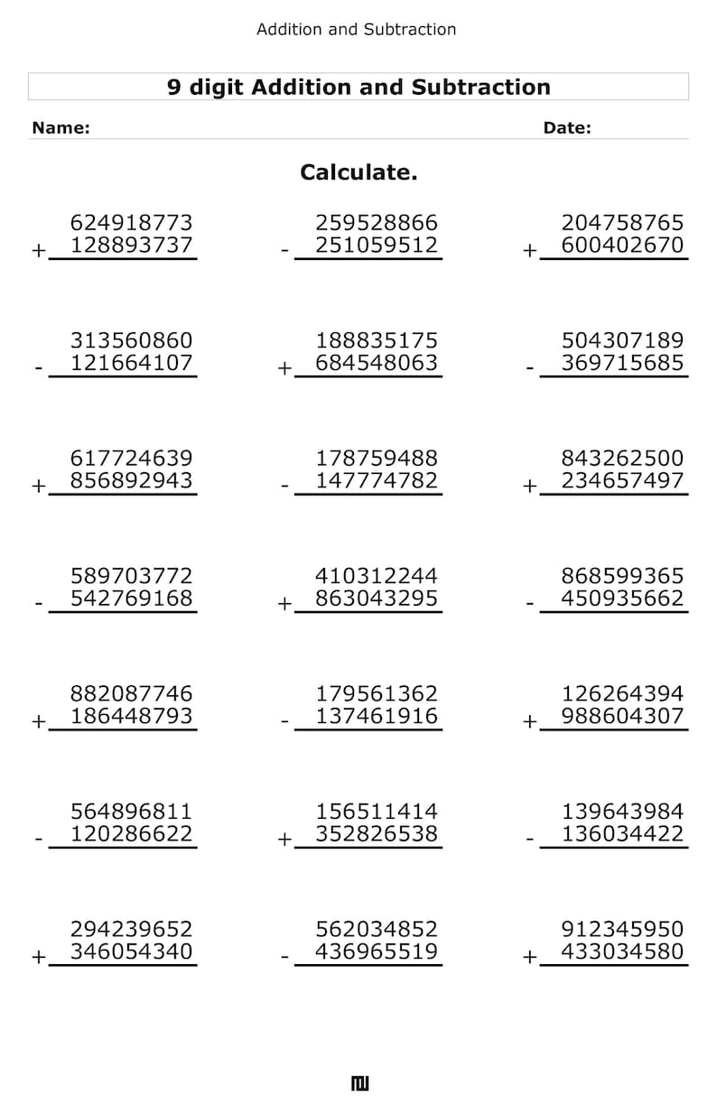 6-digit to 9-digit Addition and Subtraction Problems. Adding Large ...