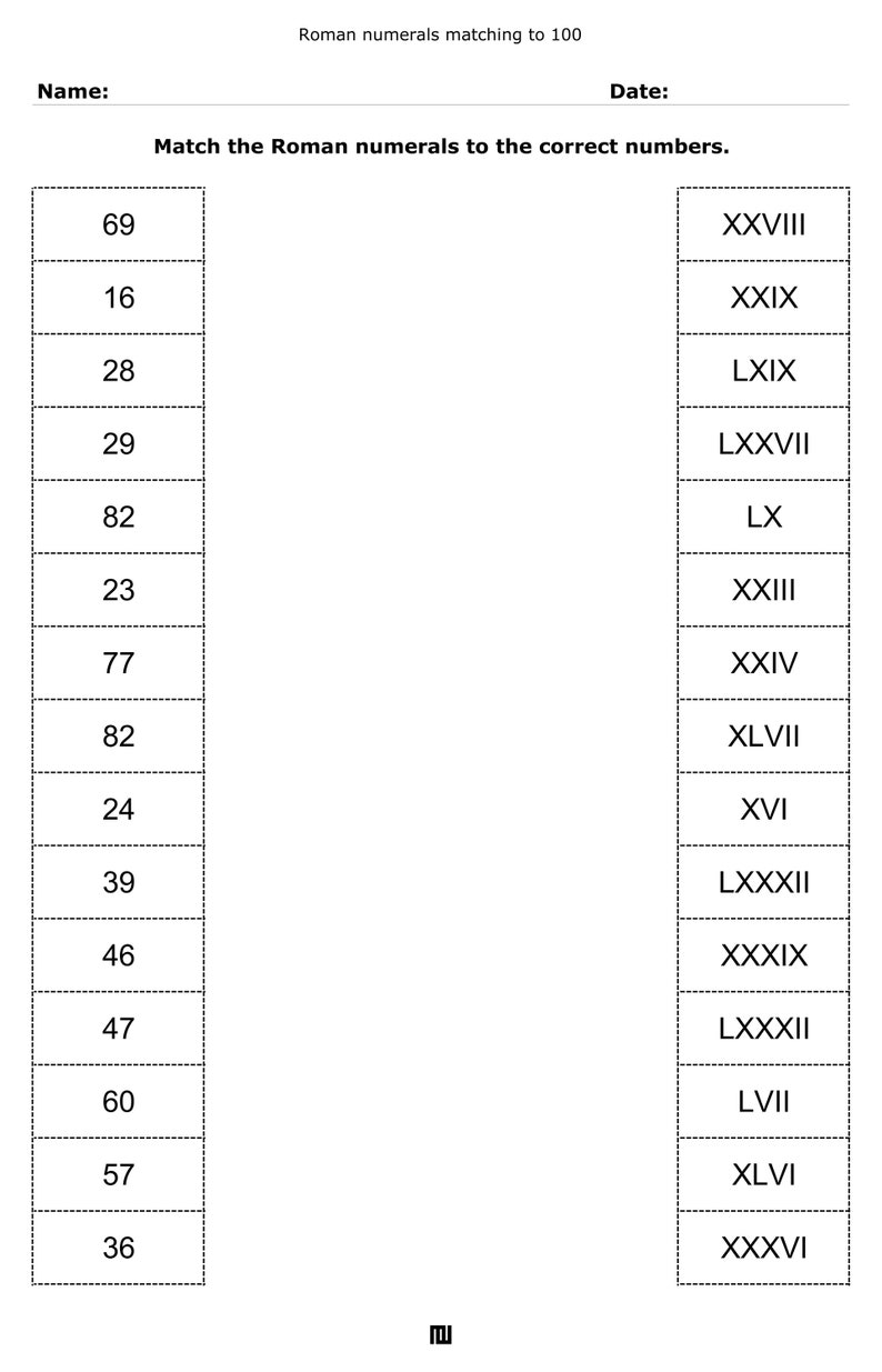 Roman Numerals Matching to 100. Match the Numbers 1 to 100. Converting ...