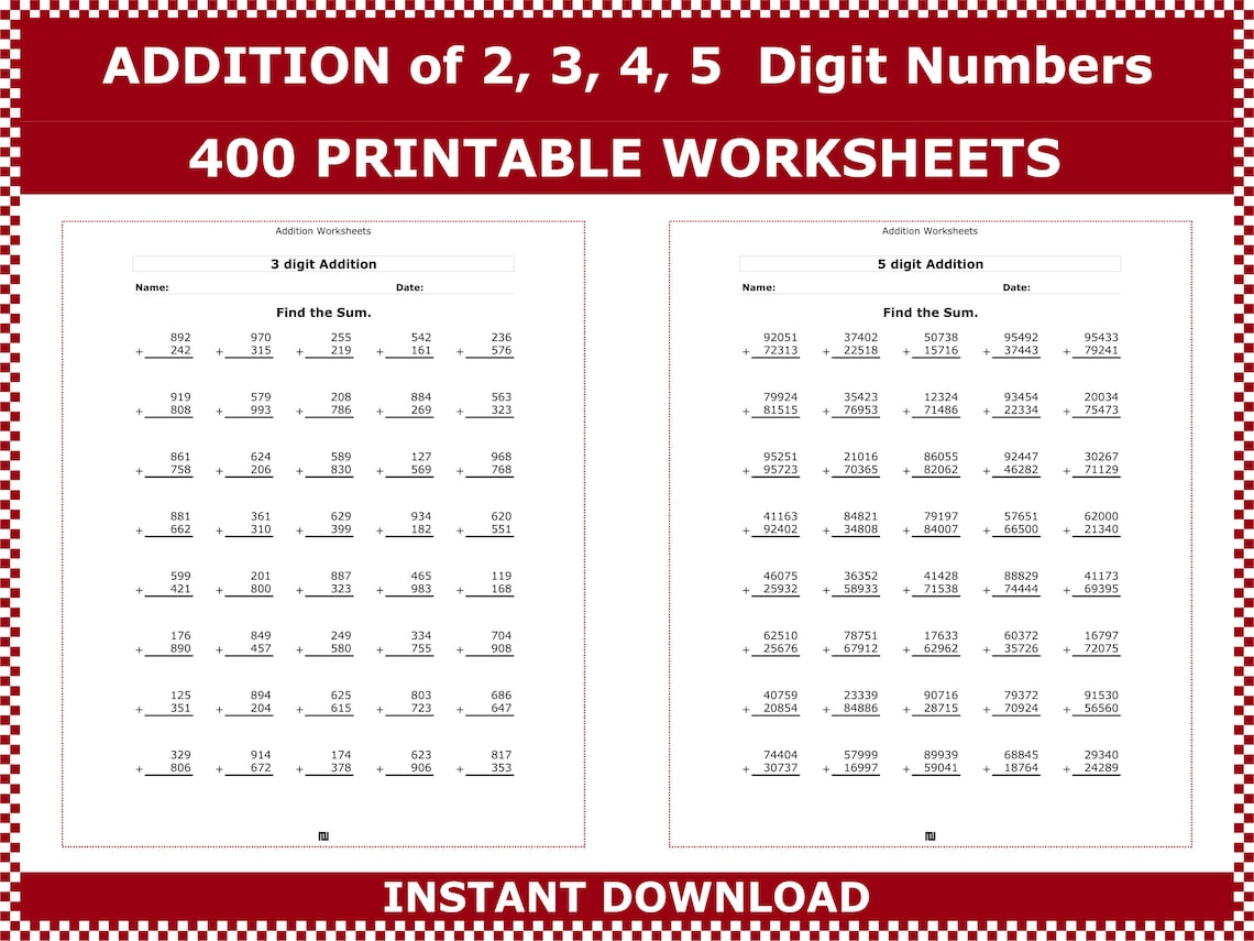 2 Digit Plus 2 Digit Addition. 3 Digit Plus 3 Digit Addition. - Etsy