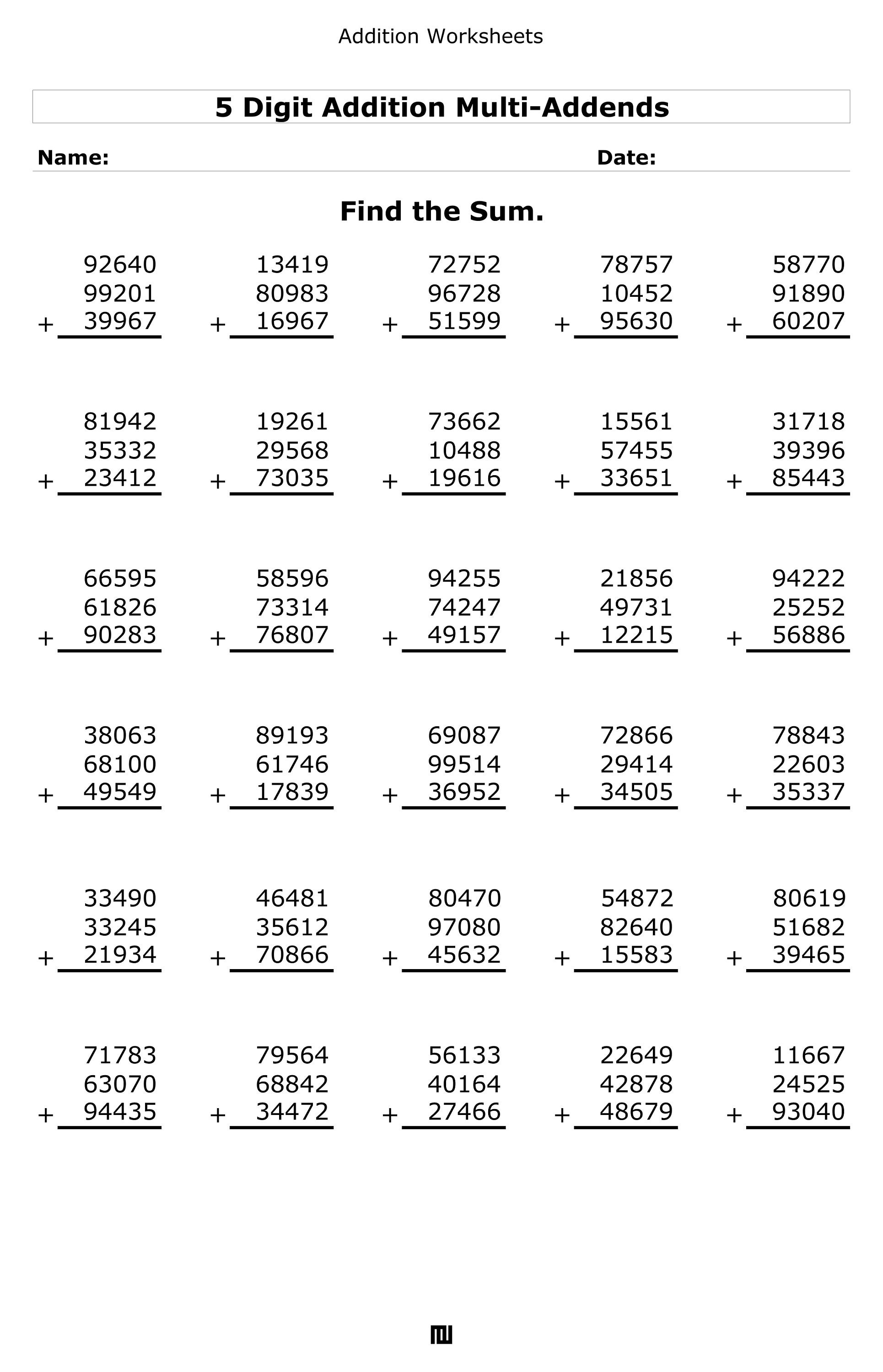 5 Digit Addition Multi-addends Worksheets. Multi-addends 5 Digit ...