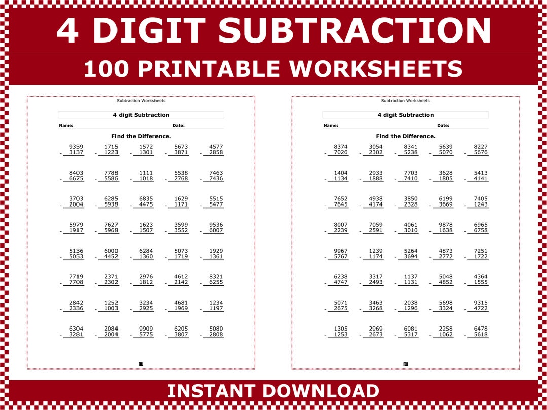 4 Digit Subtraction Worksheets. 4 Digit Minus 4 Digit - Etsy