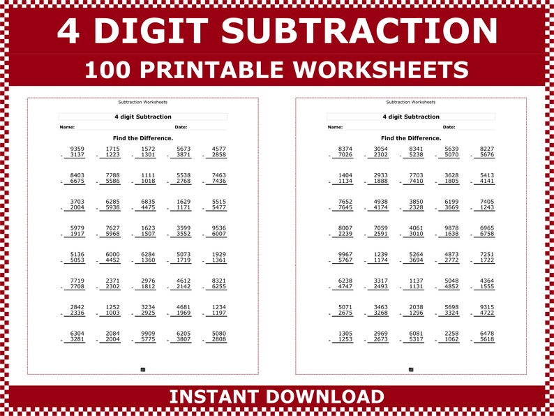 4 Digit Subtraction Worksheets. 4 Digit Minus 4 Digit - Etsy