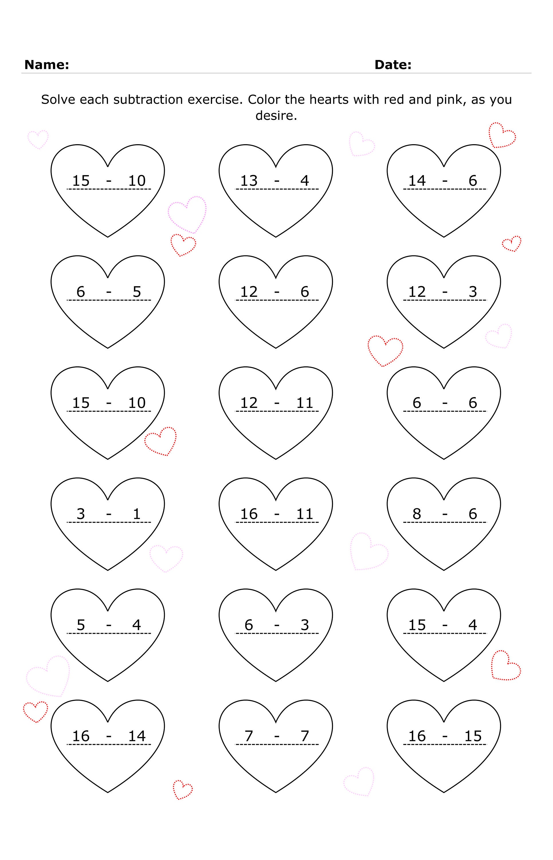 Valentine's Day Subtraction Worksheets for 1st Grade. Valentine's Day ...