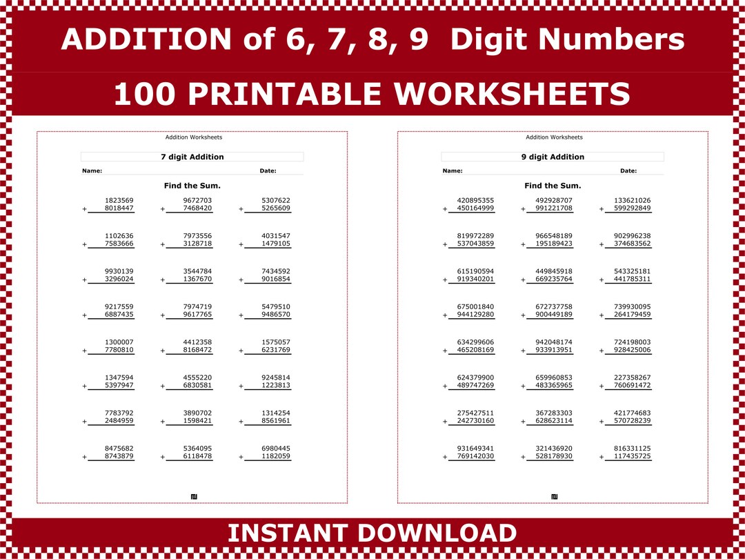 Multi Digit Addition Worksheets. Addition With 6 Digit 7 - Etsy