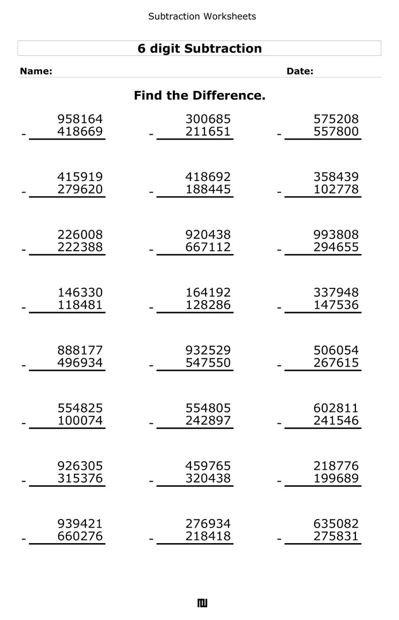 6 Digit Subtraction Worksheets. 6 Digit Minus 6 Digit Subtraction. Long ...