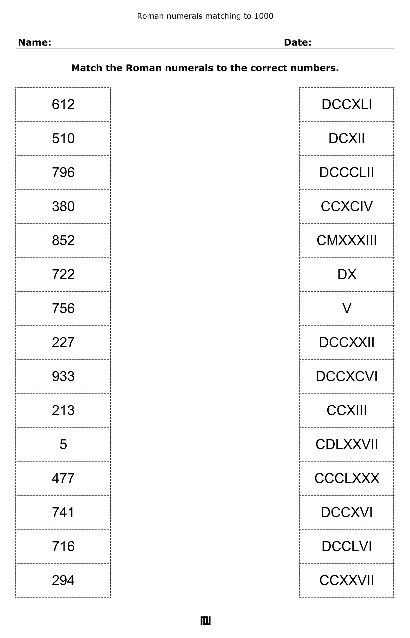 Roman Numerals Matching to 1000. Match the Numbers 1 to 1000. Roman ...