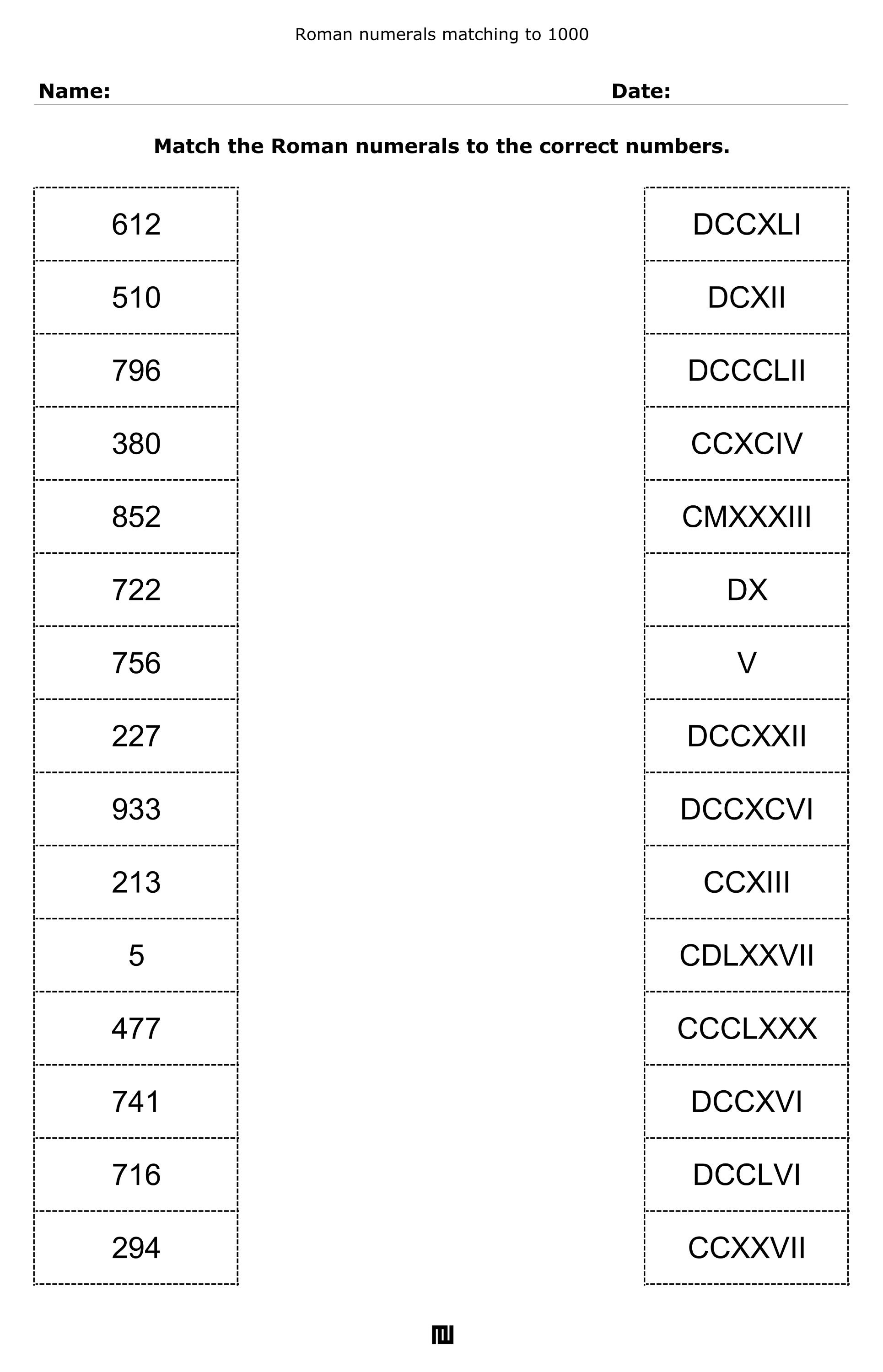 Roman Numerals Matching to 1000. Match the Numbers 1 to 1000. Roman ...