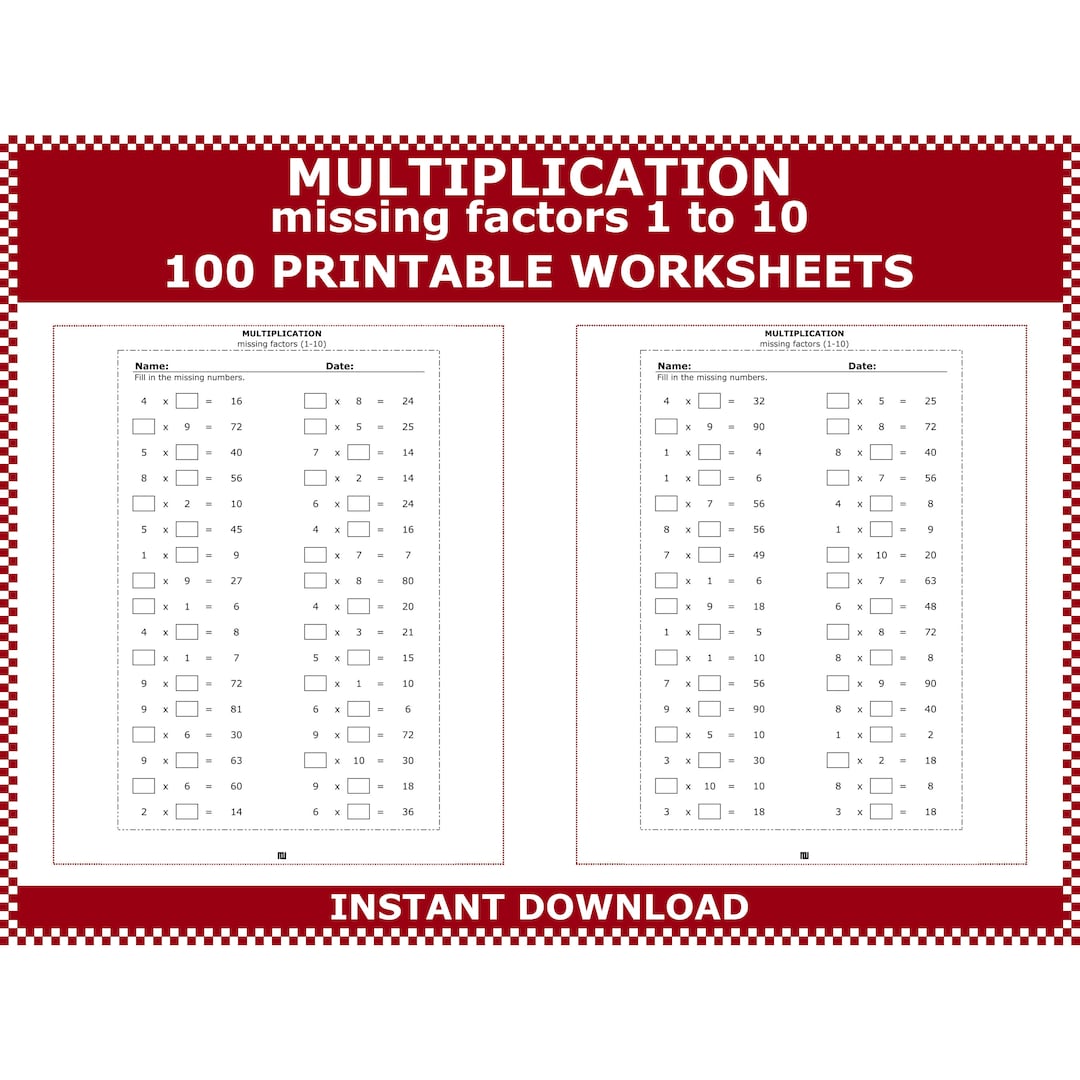Multiplication Missing Factors 1 to 10. Multiplication 1 Digit Missing ...