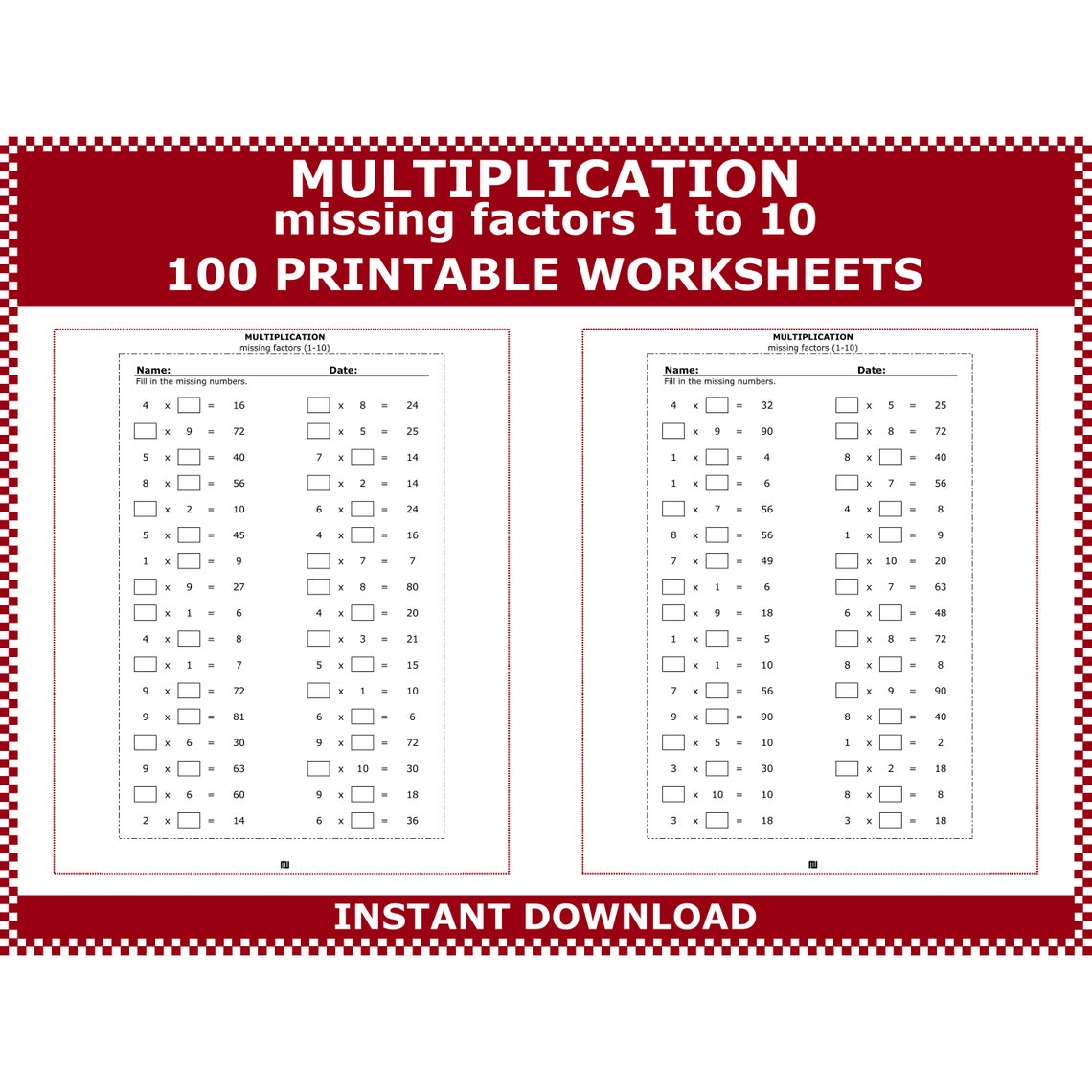 Multiplication Missing Factors 1-10 Worksheets (PDF) - Etsy
