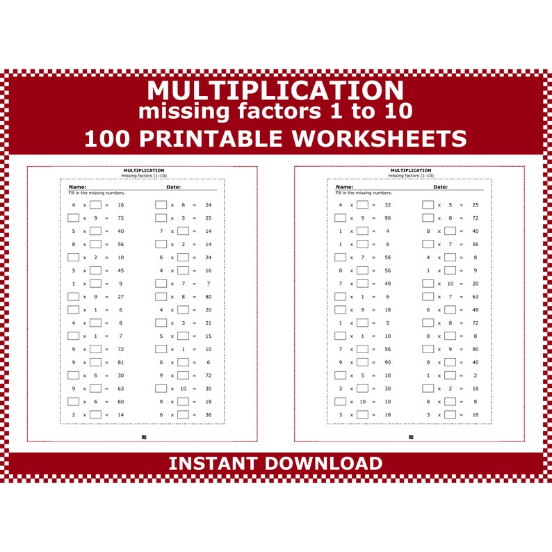 Multiplication Missing Factors 1-10 Worksheets (PDF) - Etsy