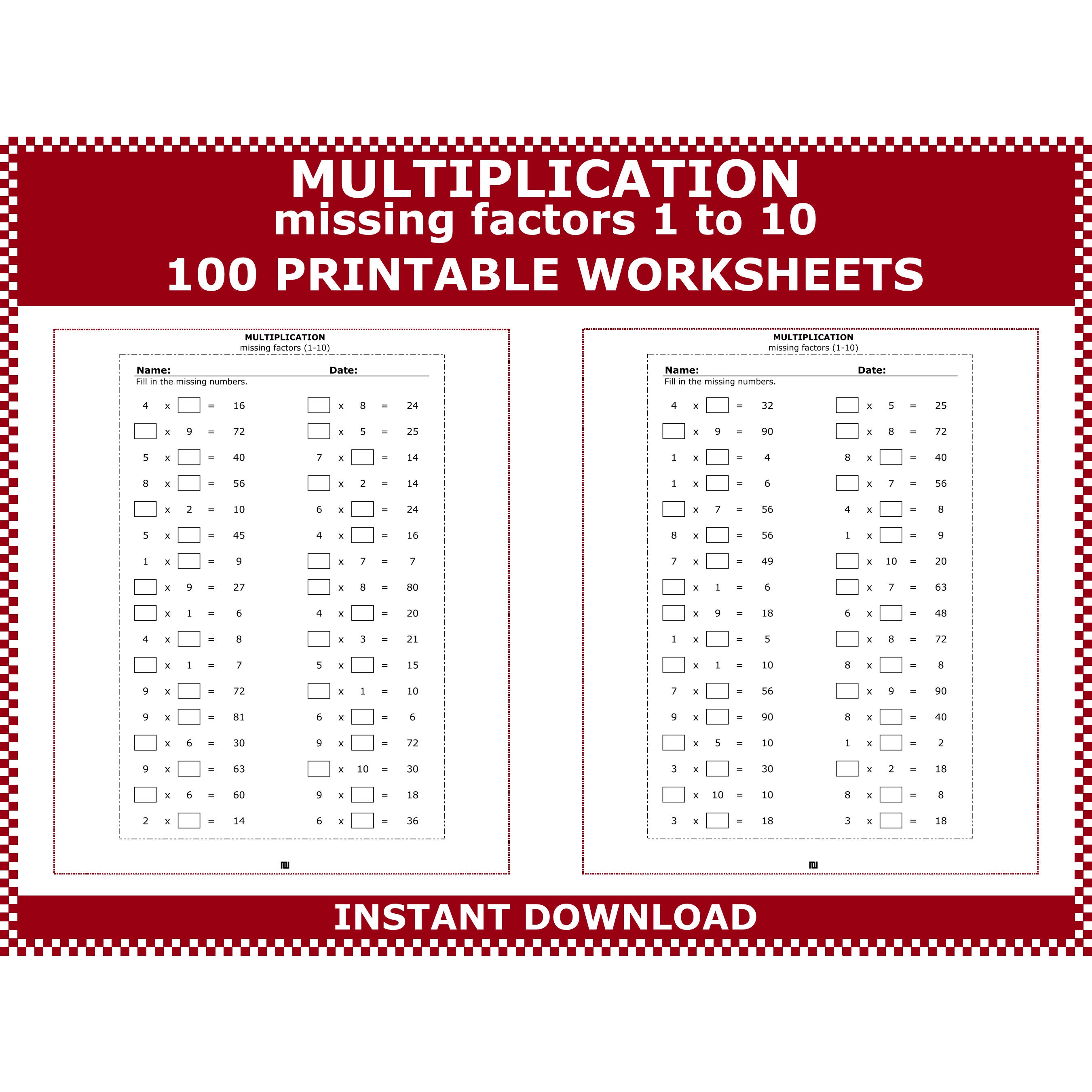 Multiplication Missing Factors 1 to 10. Multiplication 1 Digit Missing ...