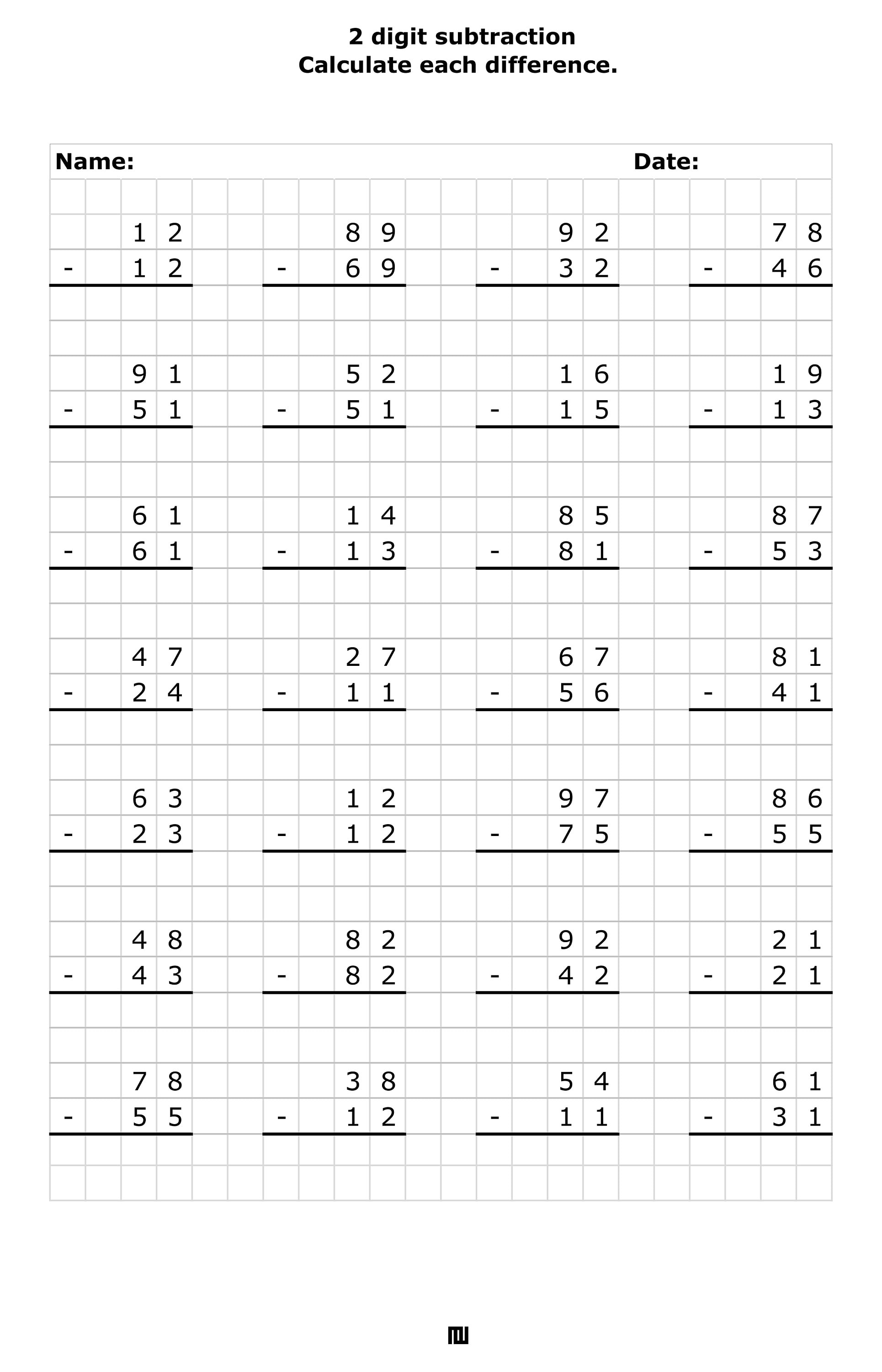 Double Digit Subtraction Worksheets for Kids. Subtracting 2 Digit ...