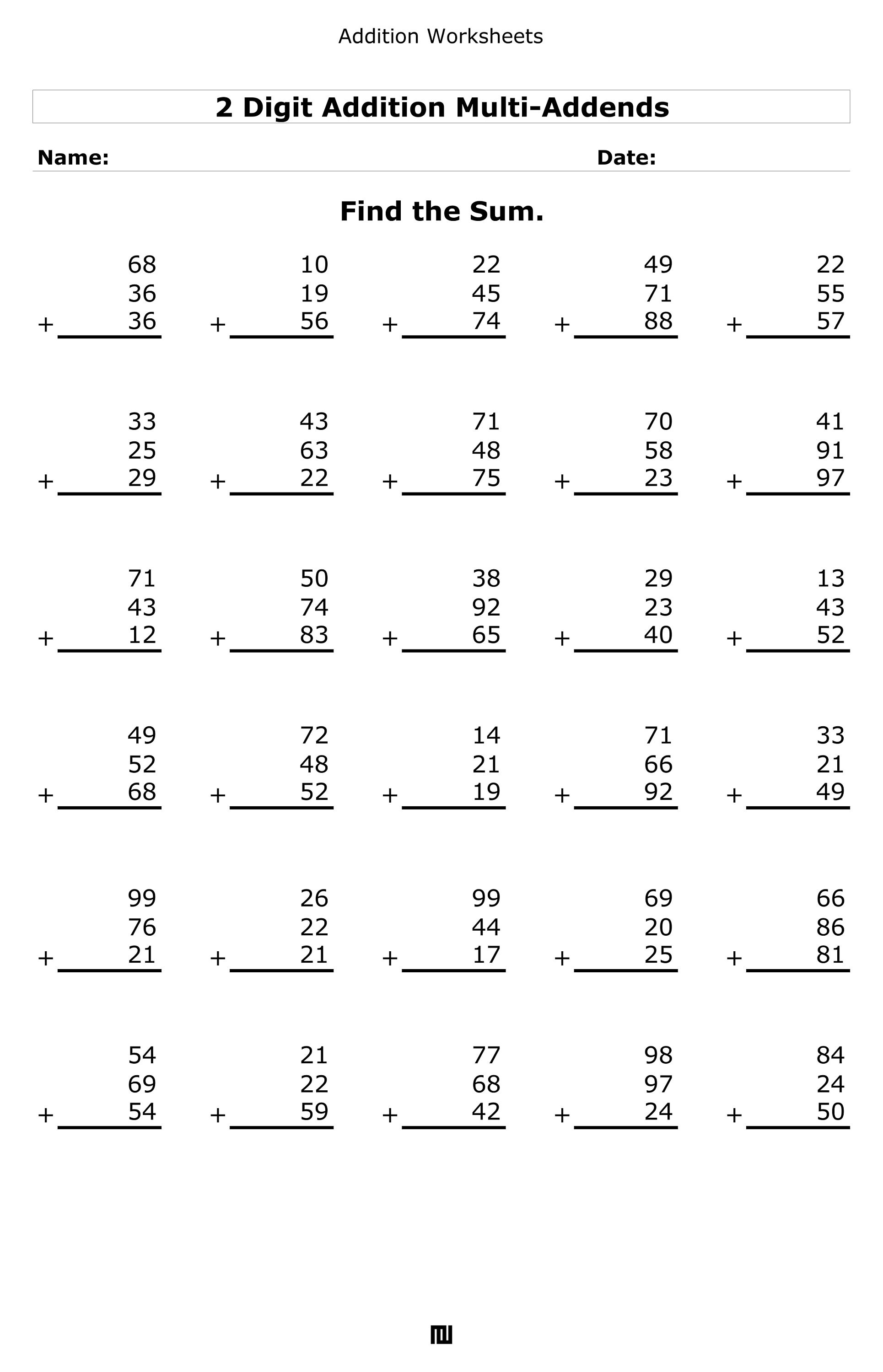 Multi-addends 2 Digit Numbers Worksheets. Add up Three 2 Digit Numbers ...