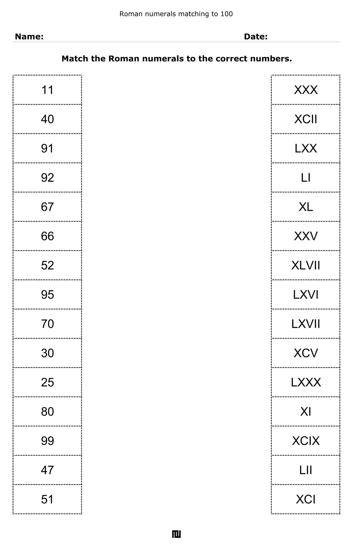 Roman Numerals Matching to 100. Match the Numbers 1 to 100. - Etsy