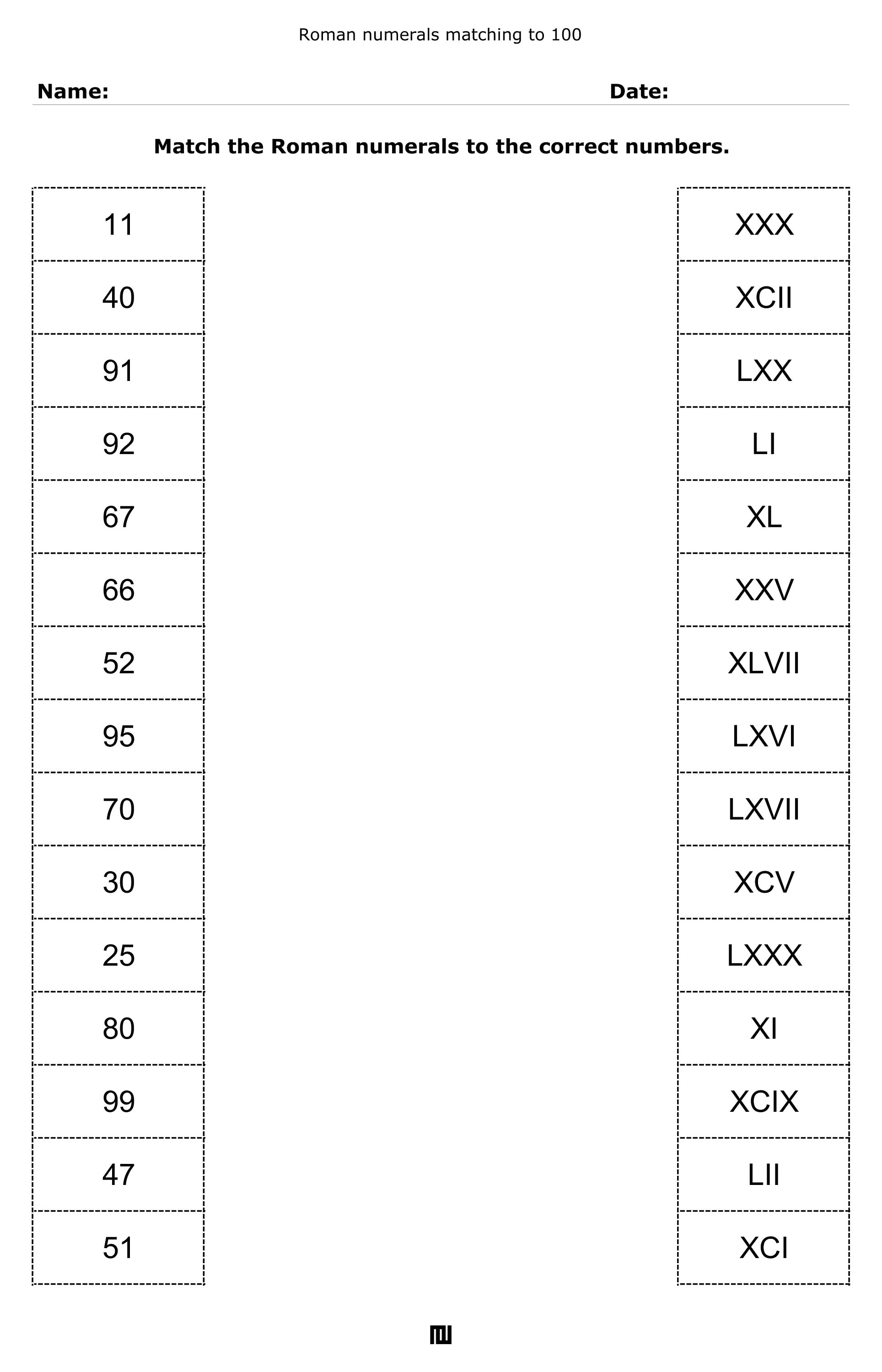 Roman Numerals Matching to 100. Match the Numbers 1 to 100. - Etsy