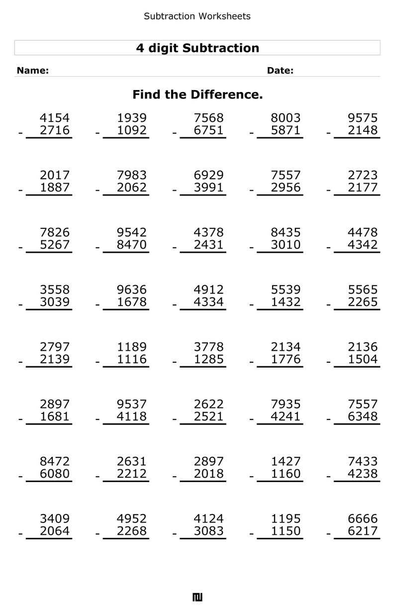 4 Digit Subtraction Worksheets. 4 Digit Minus 4 Digit Subtraction ...