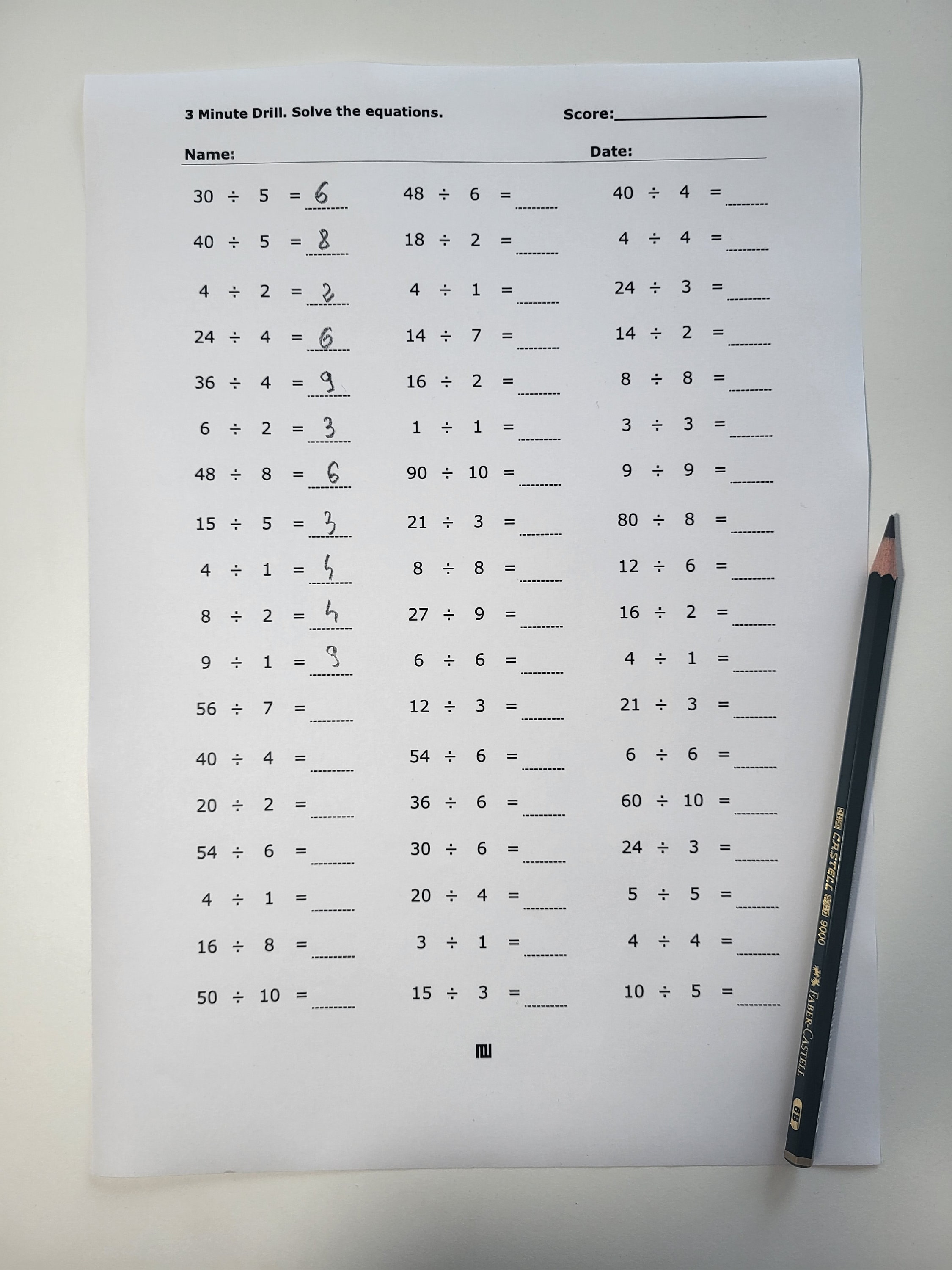 Division Worksheets. Solve the Equations. 3 Minute Division Drill ...