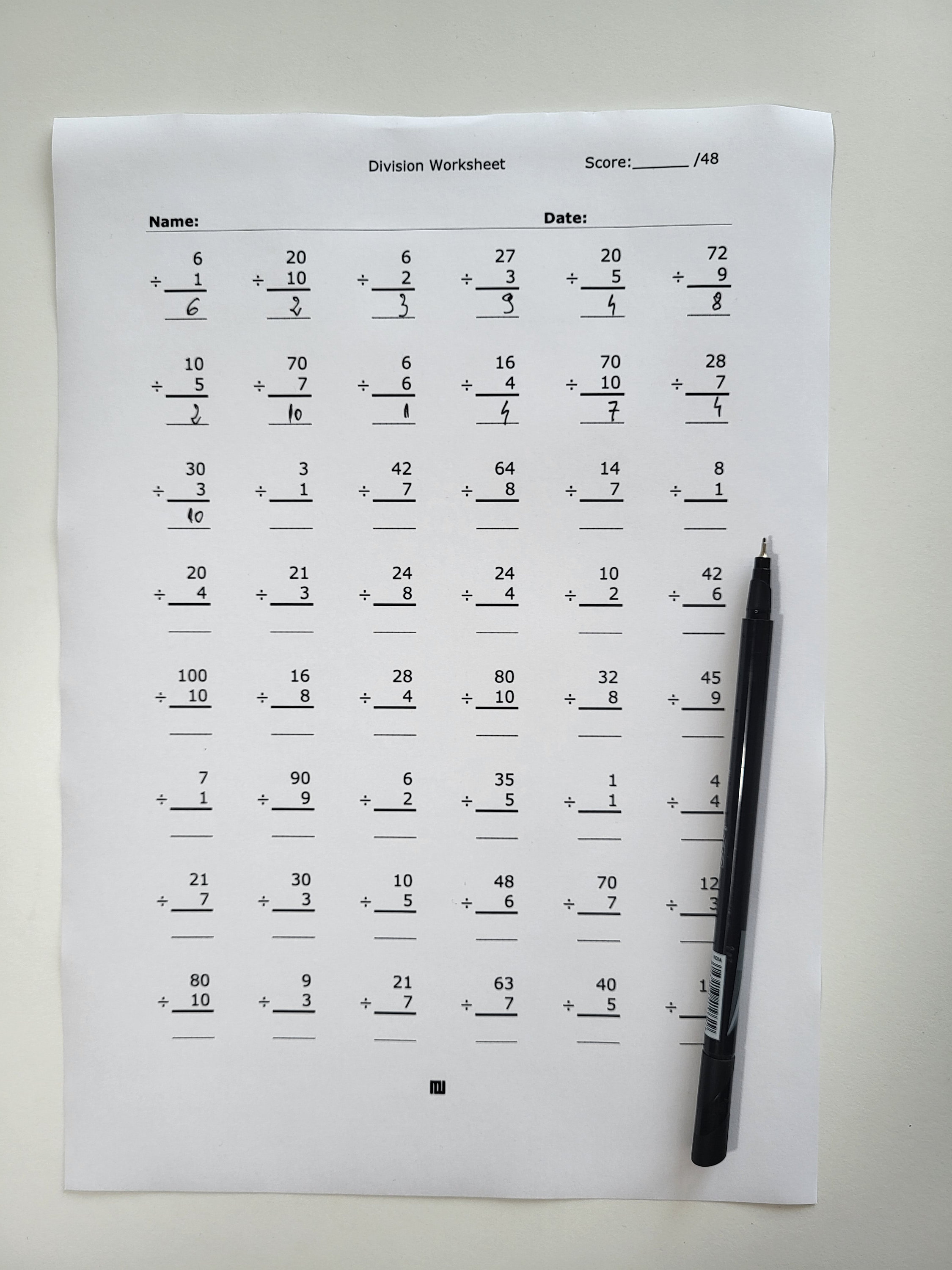 Division Vertically Arranged Division Facts to 100. Vertical Division ...